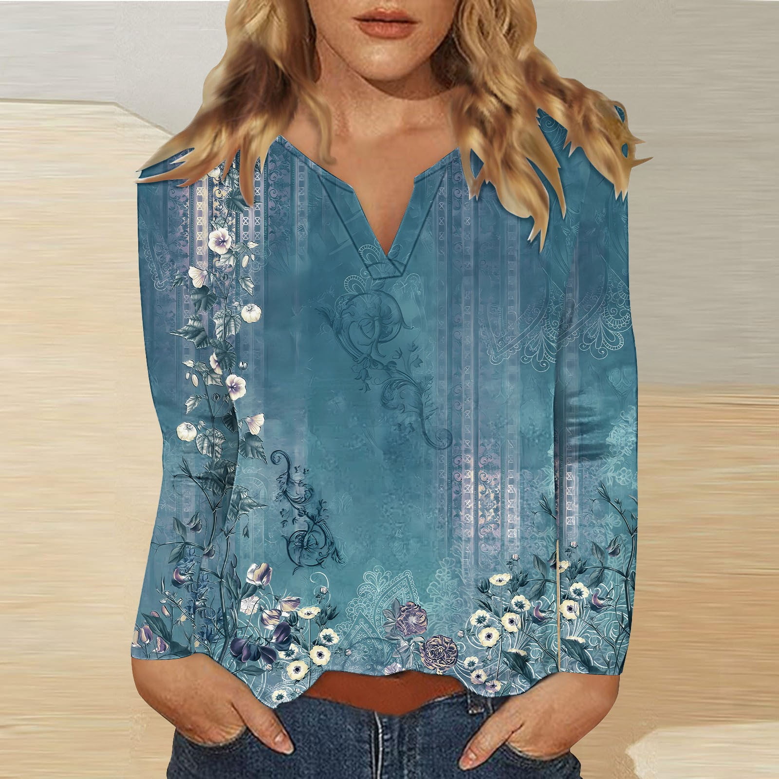 Endives Womens Blouse Long Sleeve Shirts Fashion Printed V Neck Basic ...