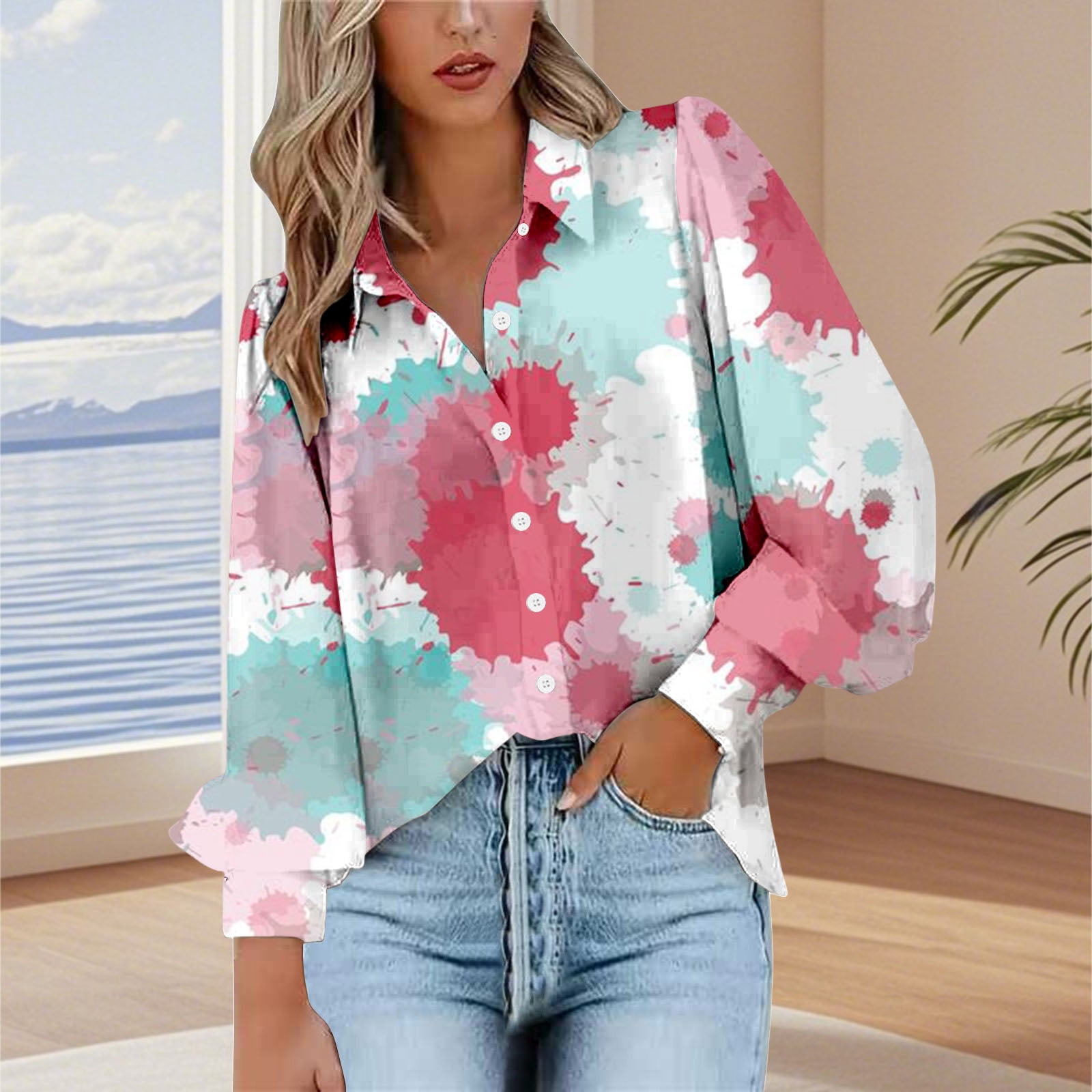 Endives Womens Casual Shirt Printed Top Loose Shirt Long Sleeve Shirt ...