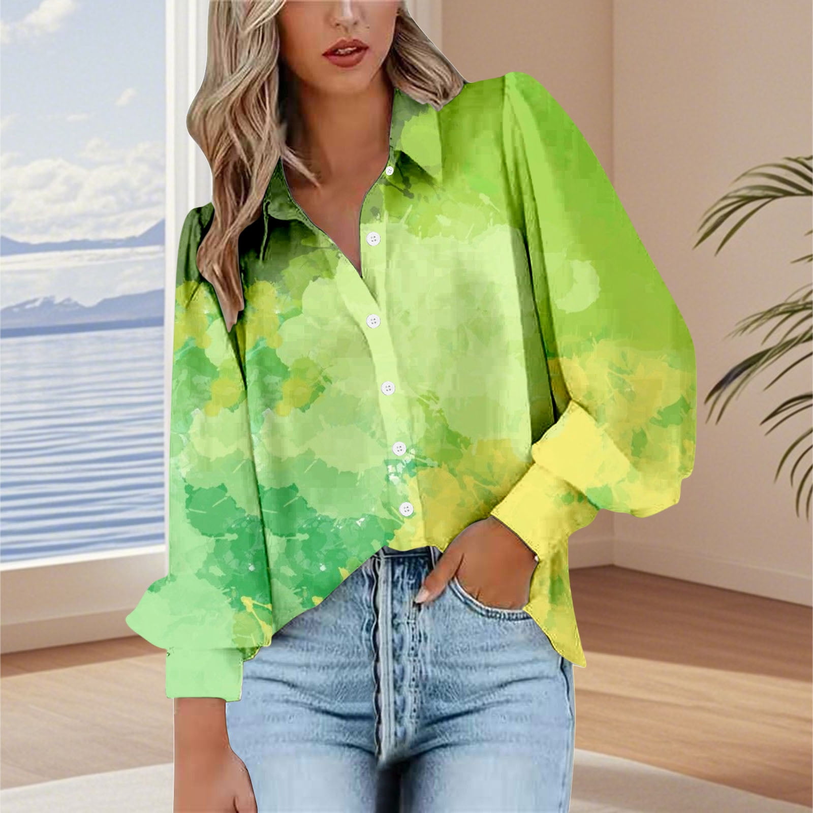 Endives Womens Casual Shirt Printed Top Loose Shirt Long Sleeve Shirt ...