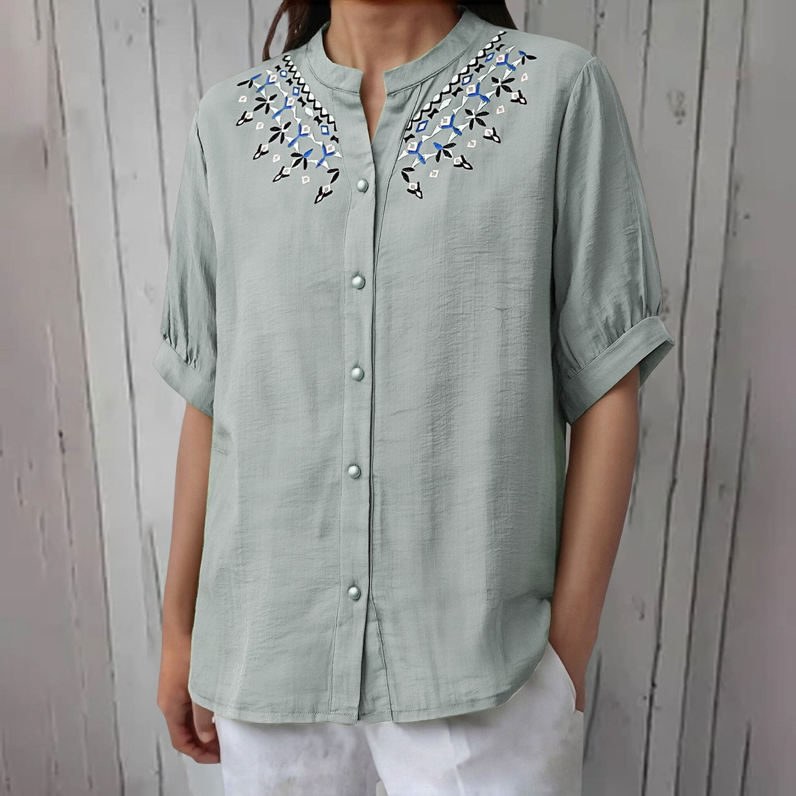 Endives Womens Linen Shirt China Style Retro Flora Print Thin Tops ...