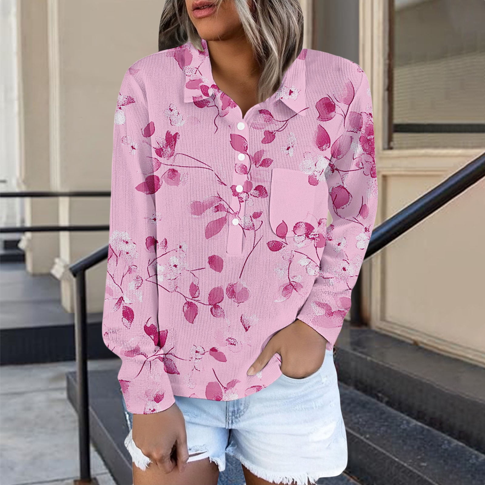 Endives Womens Long Sleeve Shirt Floral Print Button Down Shirt Casual ...