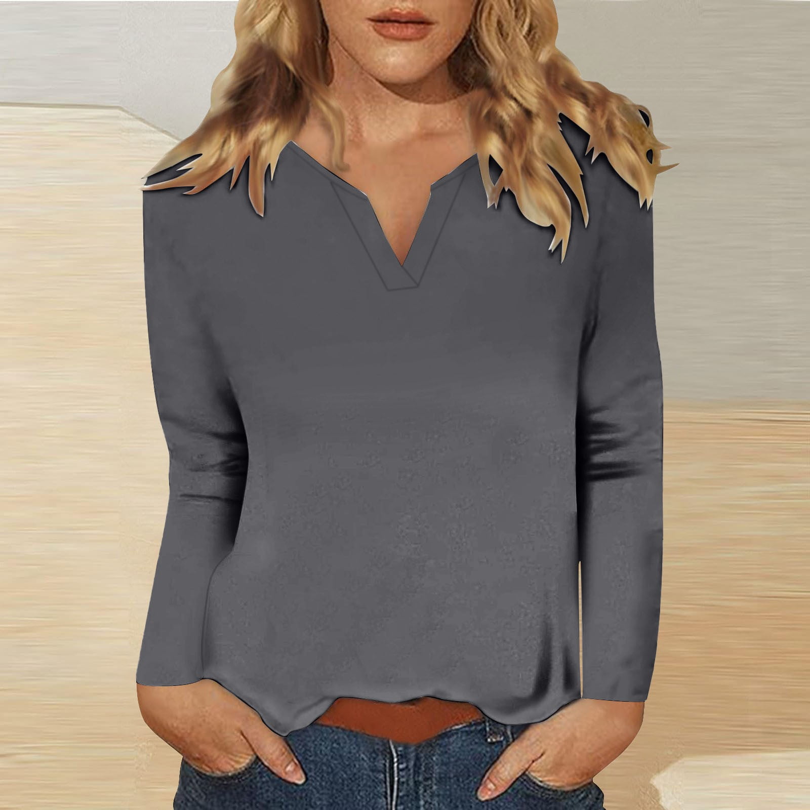 Endives Womens Long Sleeve Shirts V Neck Fall Tops Basic Tops Loose Fit ...