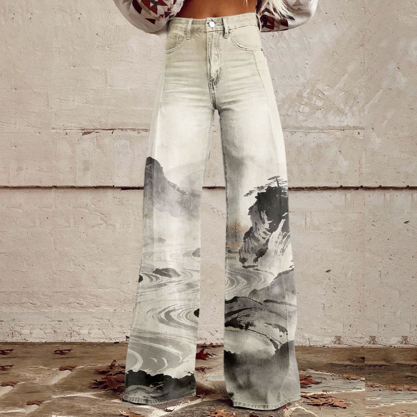 Endives Womens Wide Leg Pants Elastic Landscape Painting Printed High Waist Pants Lightweight ...