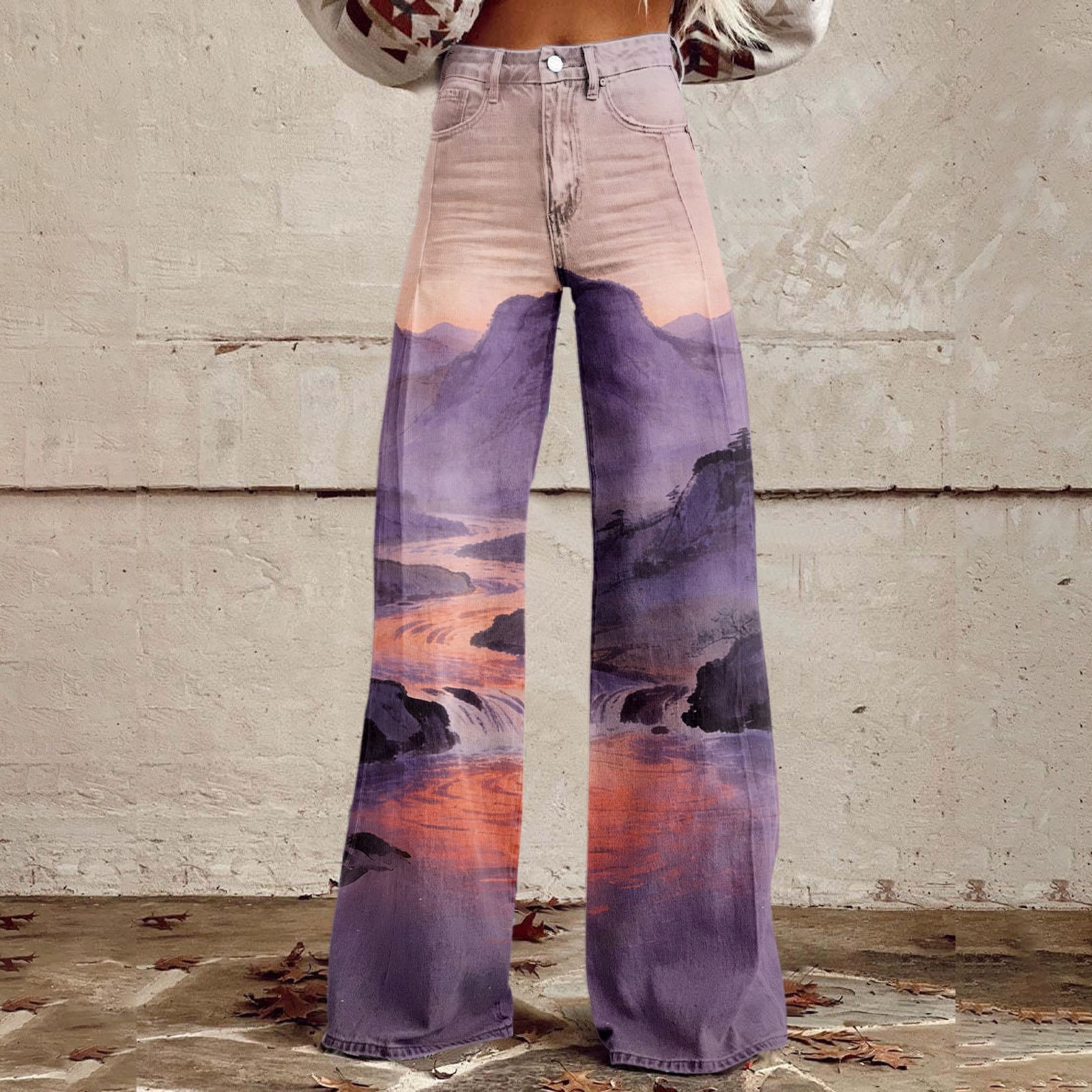 Endives Womens Wide Leg Pants Elastic Landscape Painting Printed High Waist Pants Lightweight ...