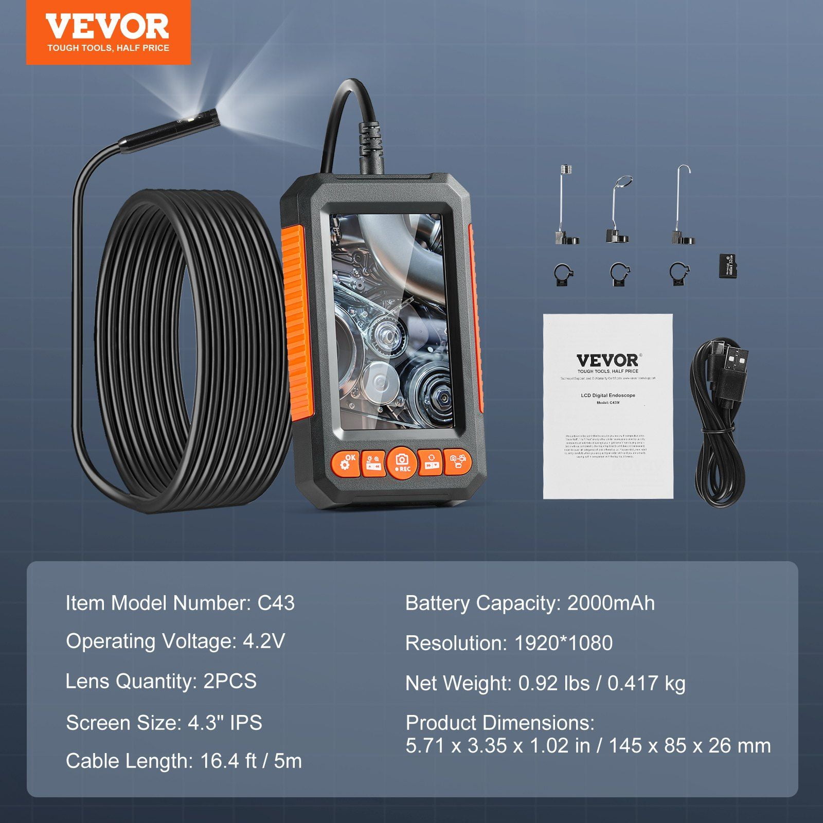 Endoscope Camera 4.3" HD Screen, 16.4FT Flexible Cable, Dual Lens & 6 ...