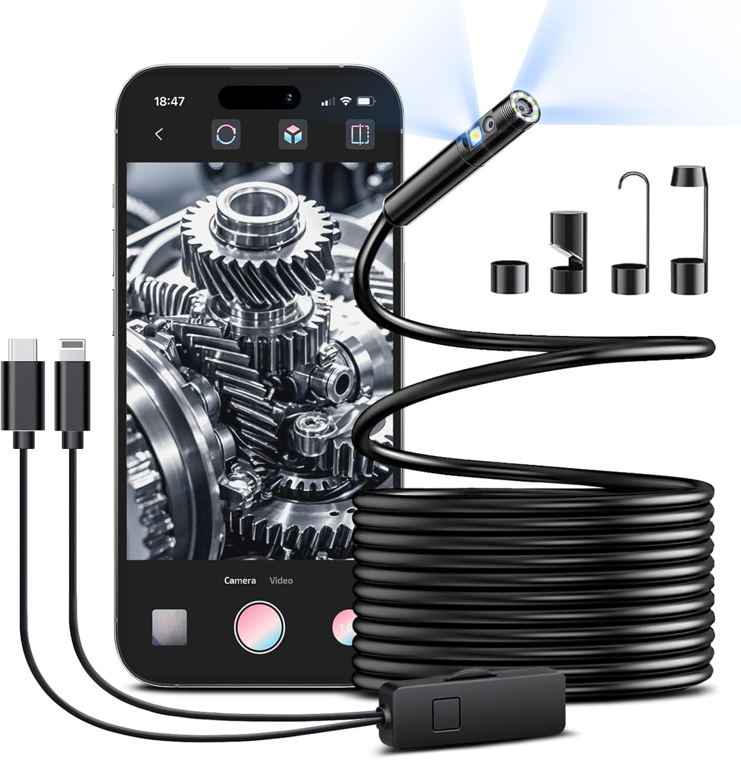 Endoscope Camera with Light, 1920P HD Borescope with 8+1 Adjustable LED ...