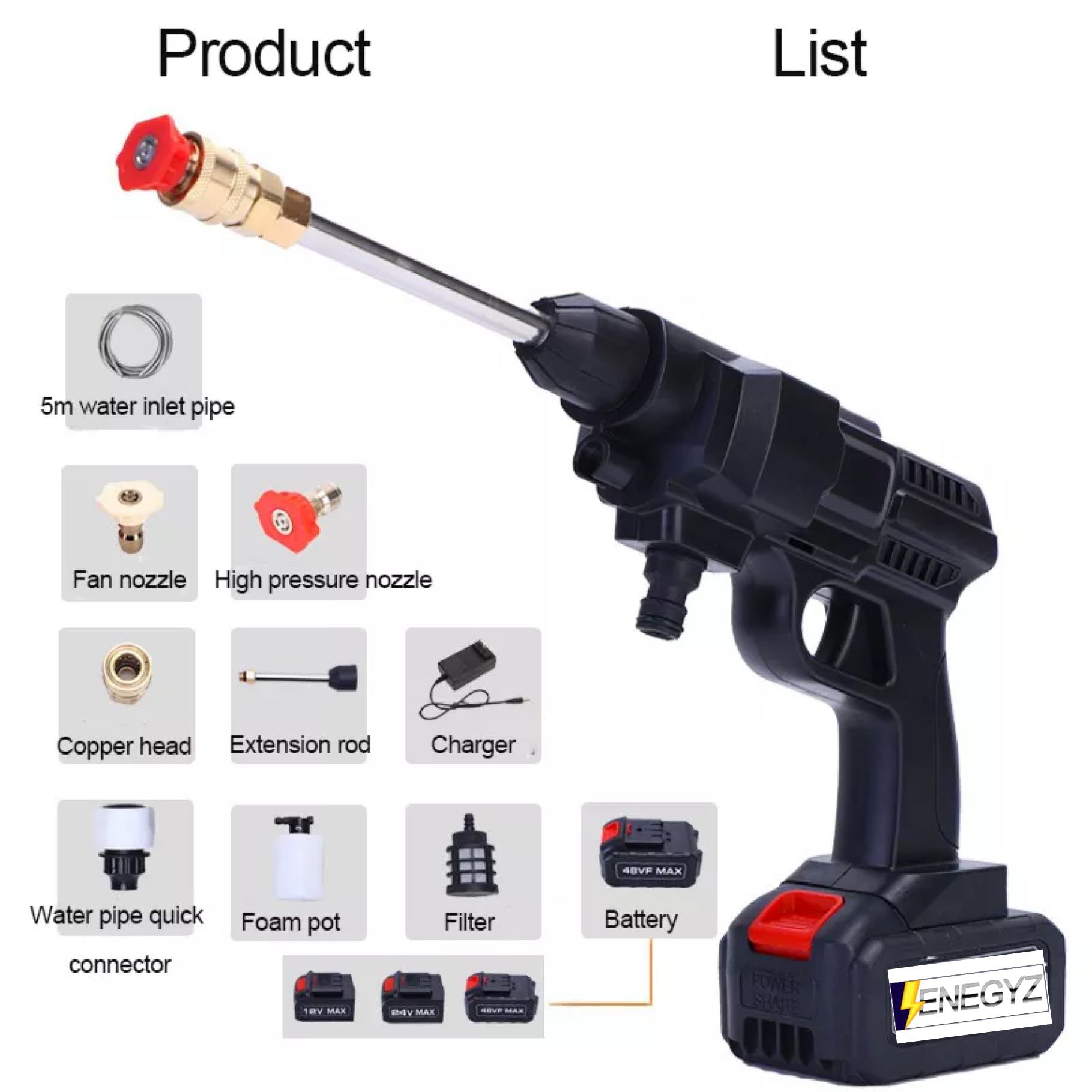 Enegyz 20V Cordless Pressure Cleaner Car Washer Gun, Water Hose Nozzle ...