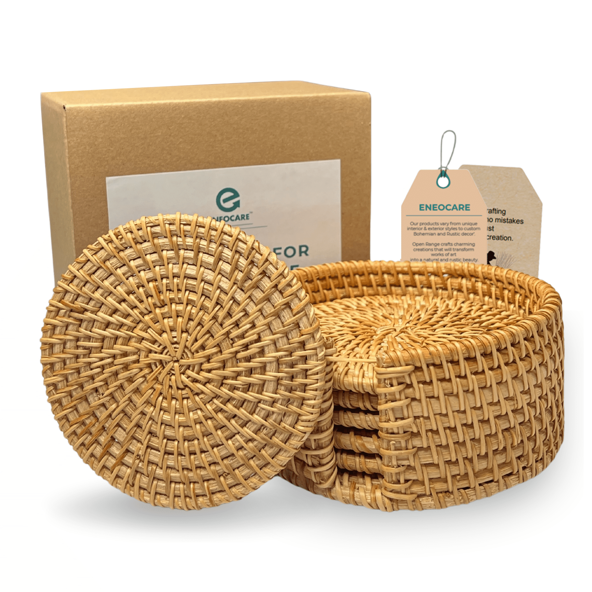Eneocare Handmade Natural Rattan Coasters for Drinks, Wicker Boho ...