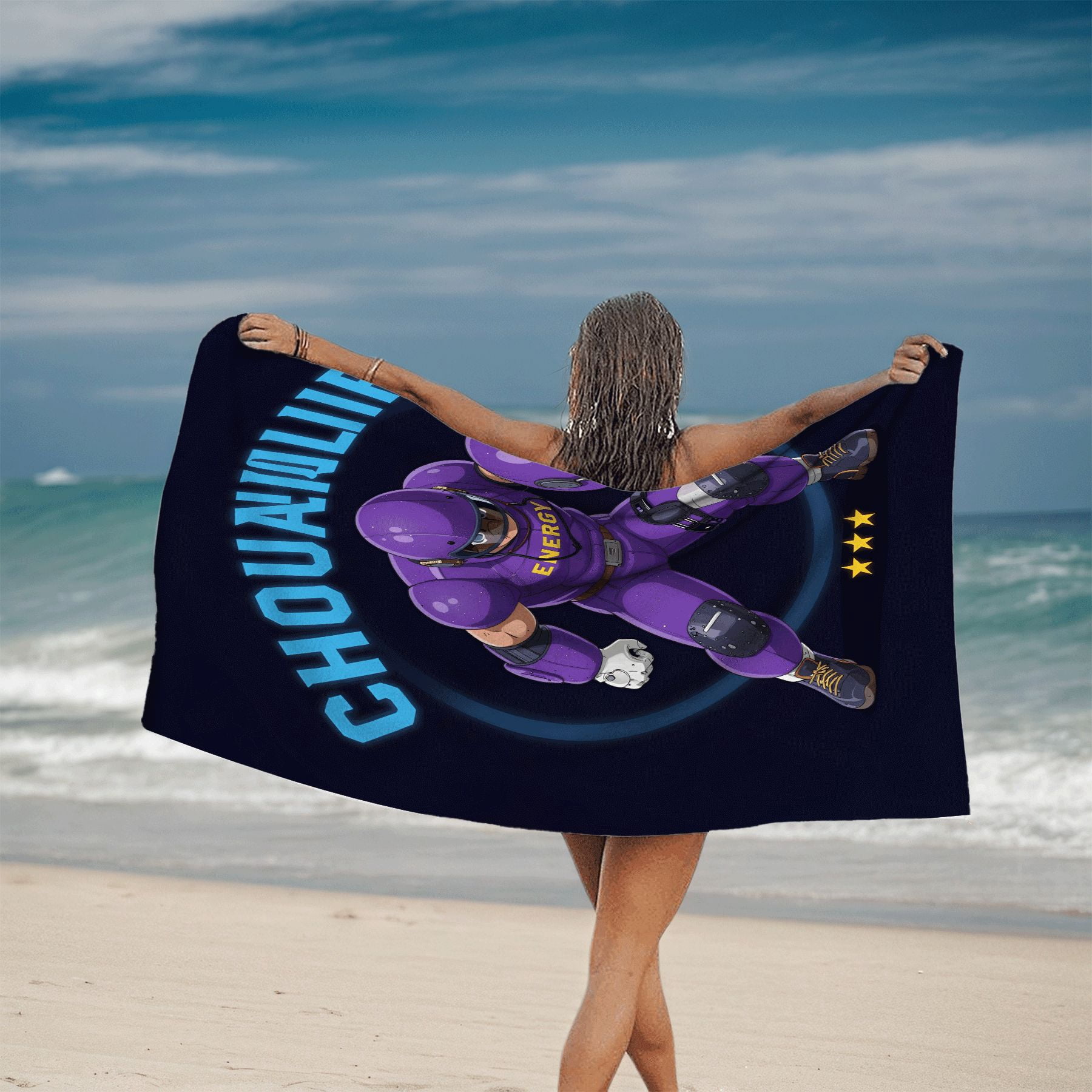 Energed Beach Towel - Vibrant Purple Design with Dynamic Pose Perfect ...