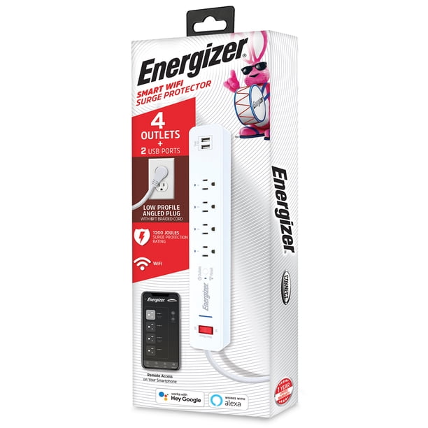 Energizer 6ft Smart Wi-Fi White Surge Protector, 4 Outlets and 2 USB ...