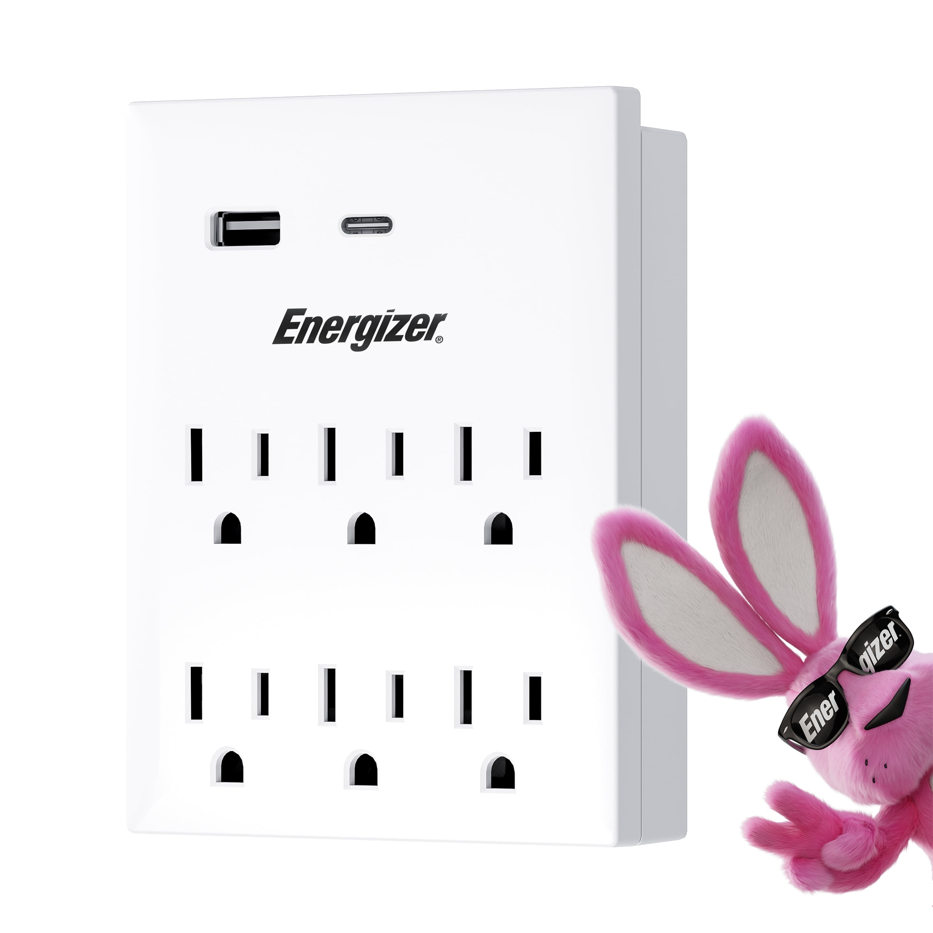 Energizer Multi-Plug Wall Outlet Extender with 6 AC Outlets, USB-C, and ...