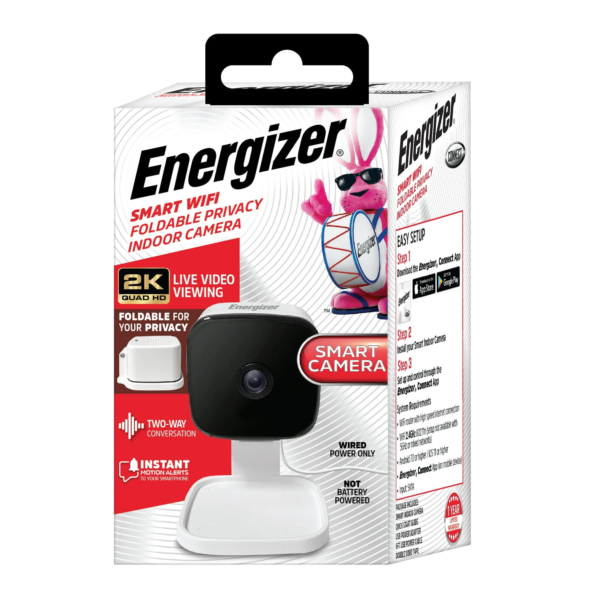 Energizer Smart 2K QHD Security Camera, Wired Indoor 2.4Ghz Wi-Fi ...
