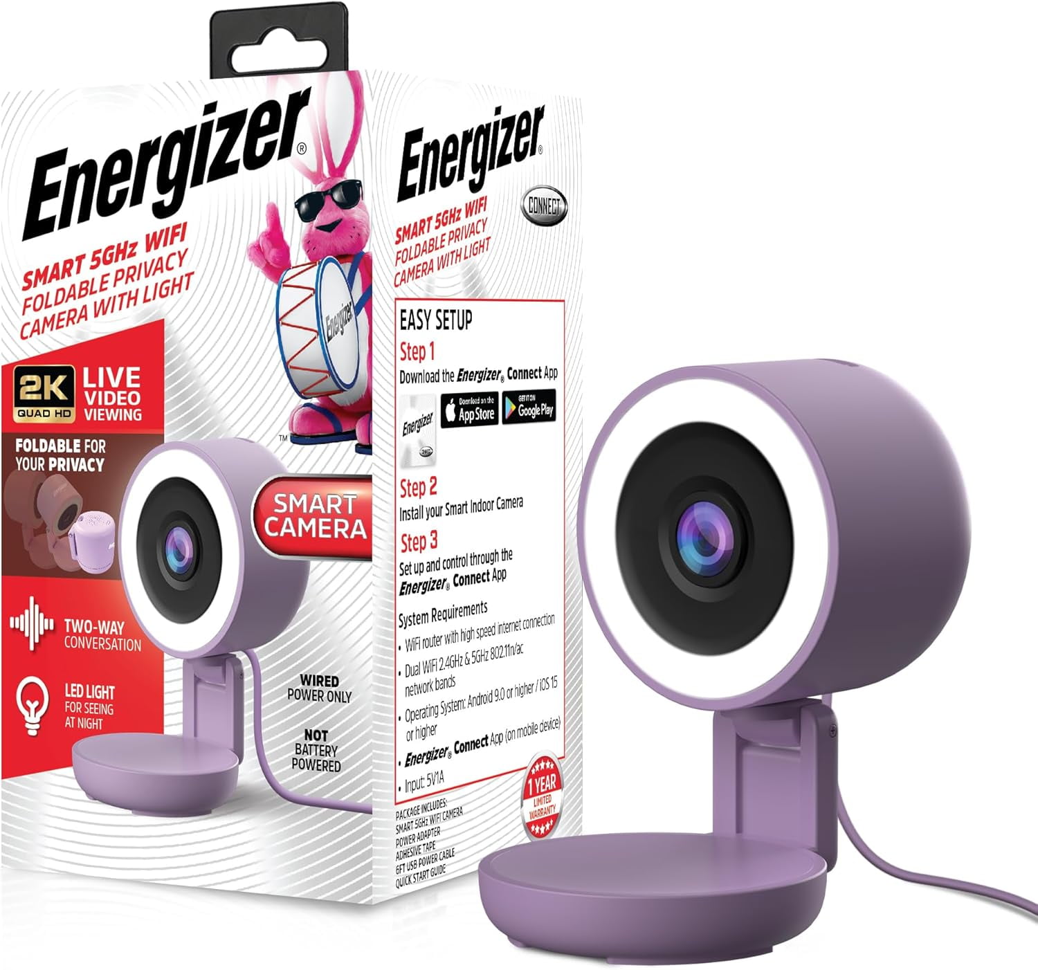 Energizer Smart 2K Wired Indoor Camera with Light for Night Vision ...