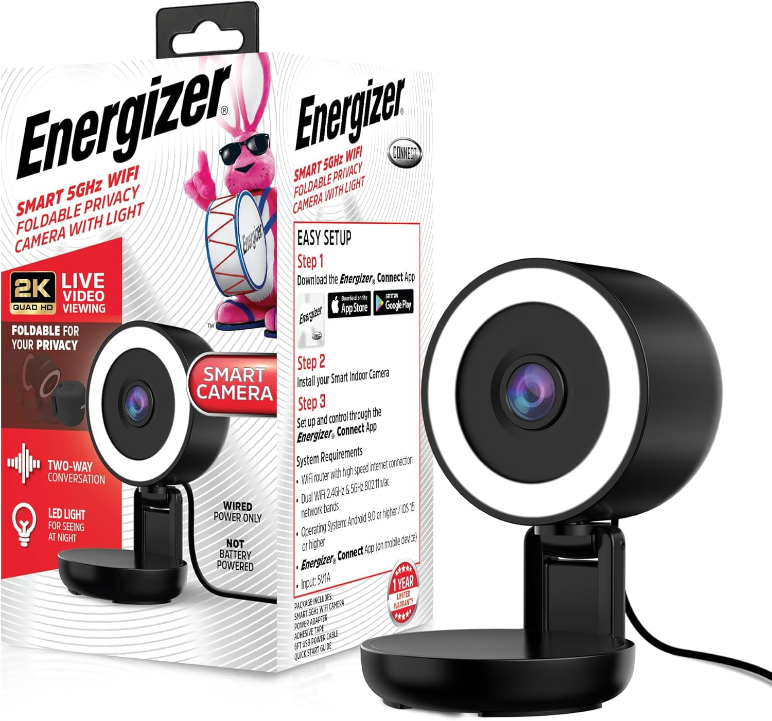 Energizer Smart 2K Wired Indoor Camera with Light for Night Vision ...