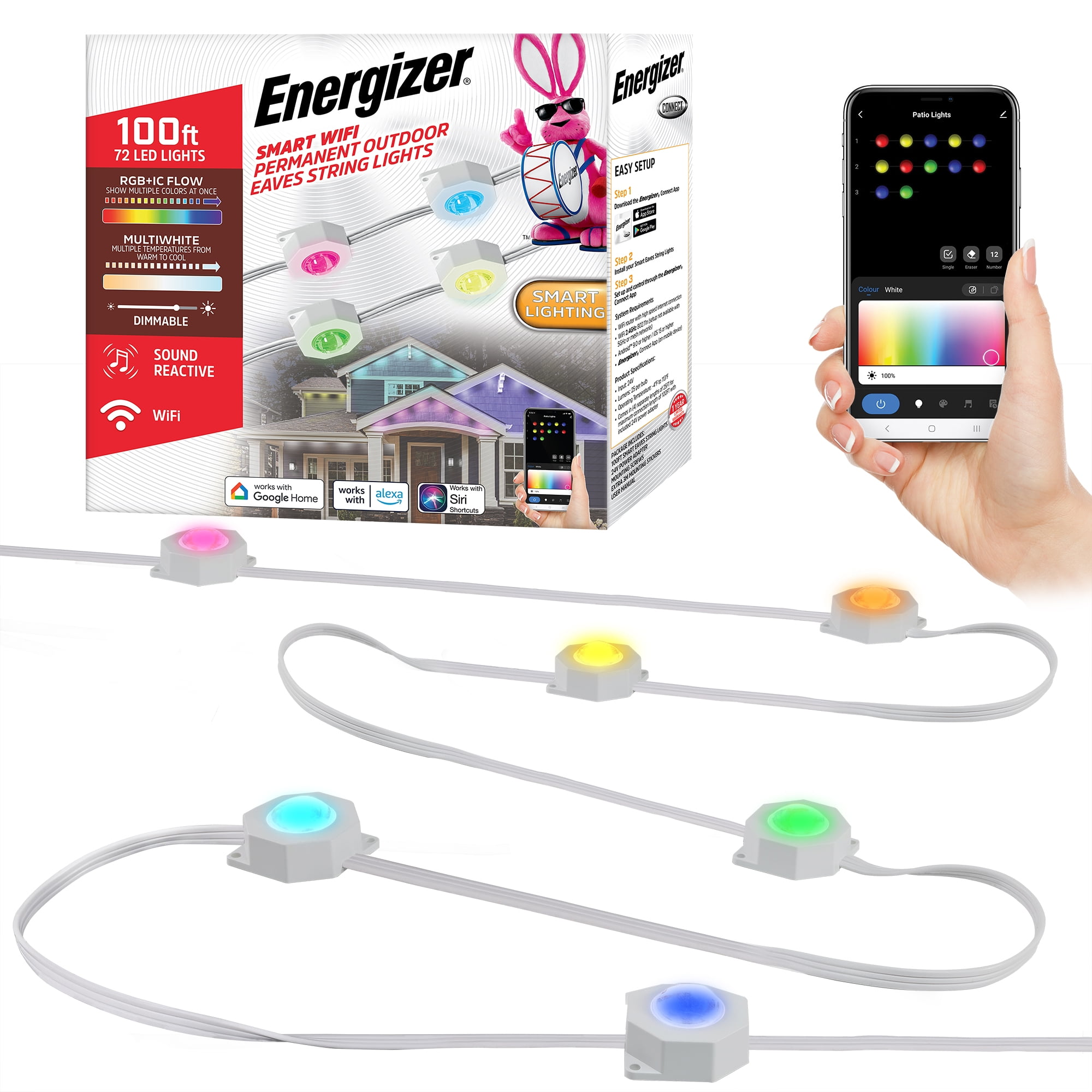 Energizer Smart Permanent Outdoor RGB+IC Lights, 100ft, 72 LED Sound ...