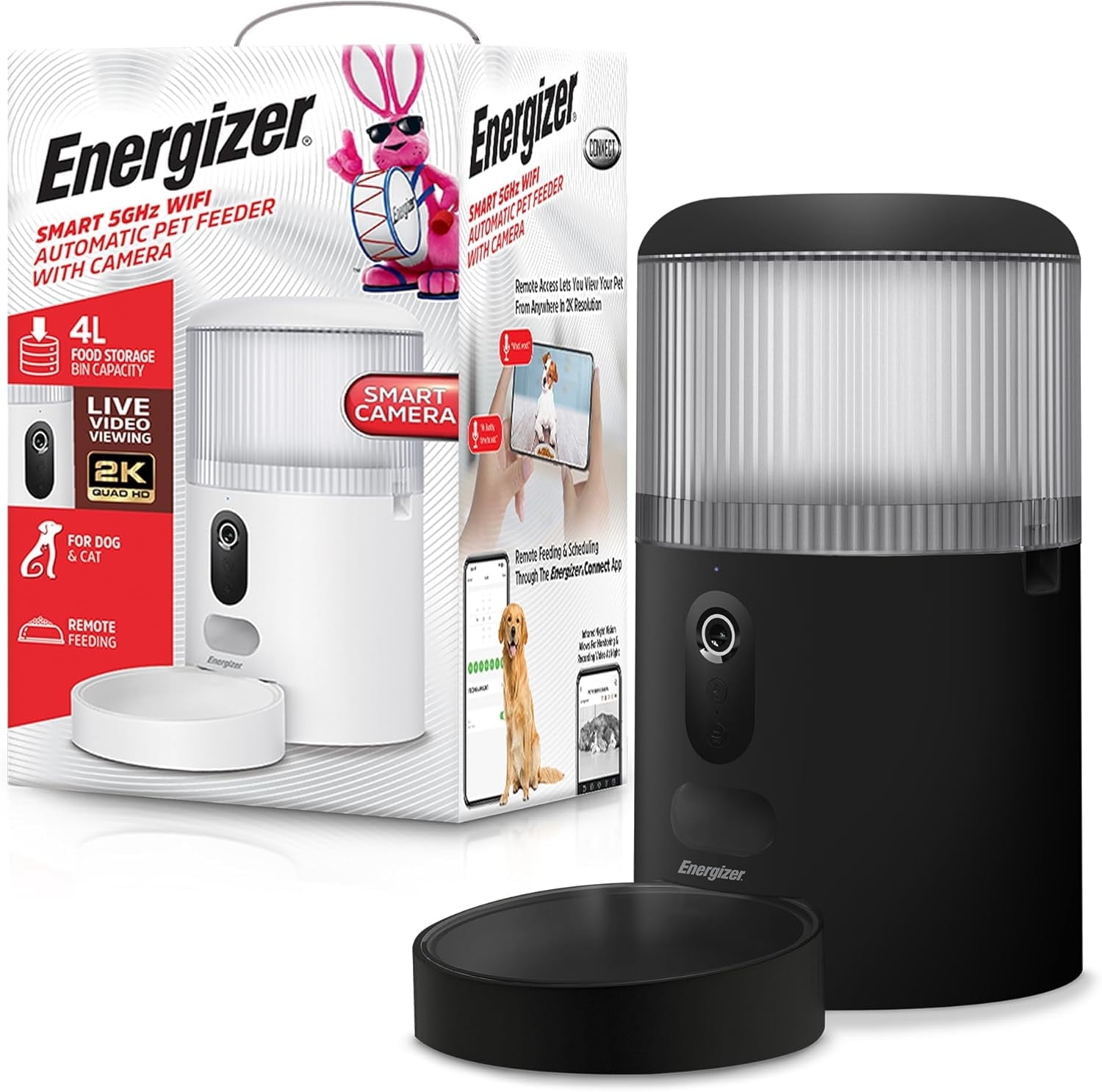 Energizer Smart Wi-Fi Pet Feeder with 2K Camera, Two-Way Audio, Night ...
