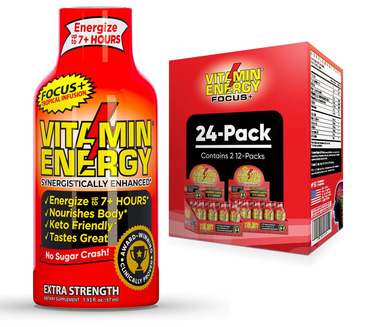Vitamin Energy Focus+ Energy Shot – Tropical Infusion – 100% DV B-Vitamins & 260mg Plant-Based ...