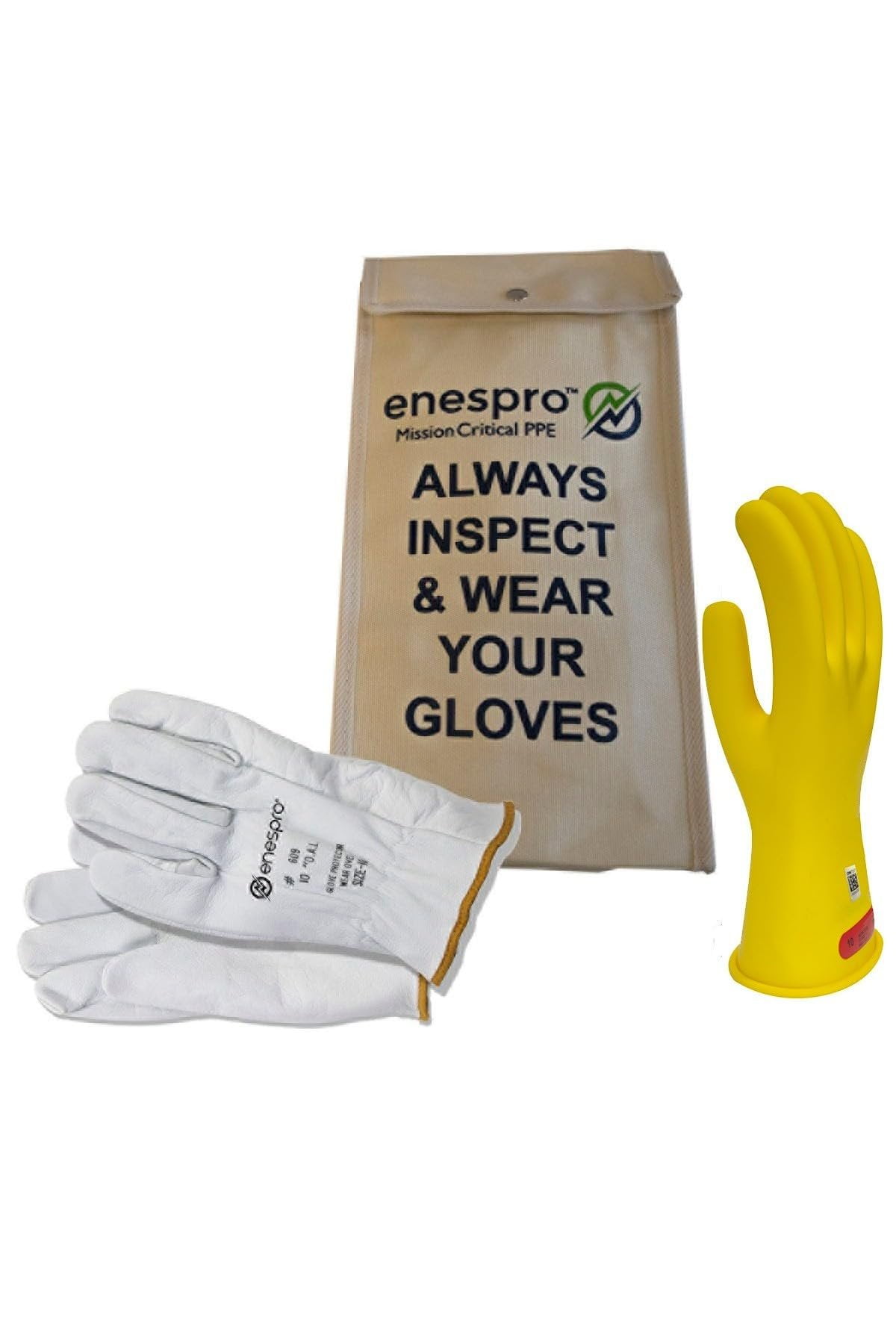 Enespro Class 0 Yellow Rubber Voltage Insulating Glove Kit with Leather ...