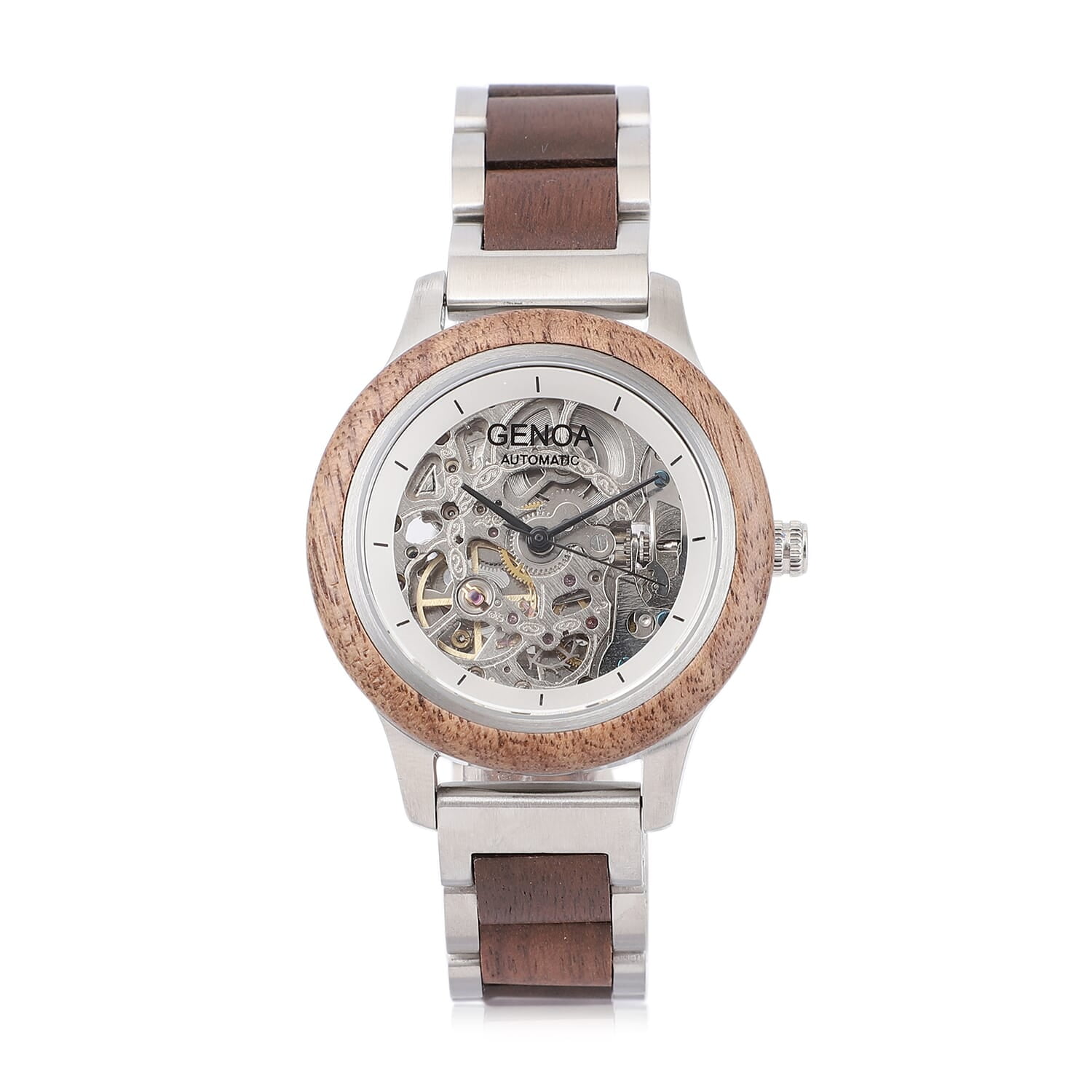 GENOA Mechanical Movement Watch with Stainless Steel Strap Walnut Glass ...