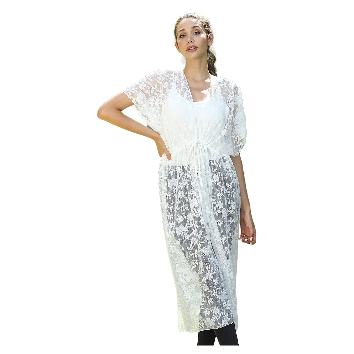 JOVIE White Flower Lace Maxi Kimono with Drawstring Waist Breathable ...