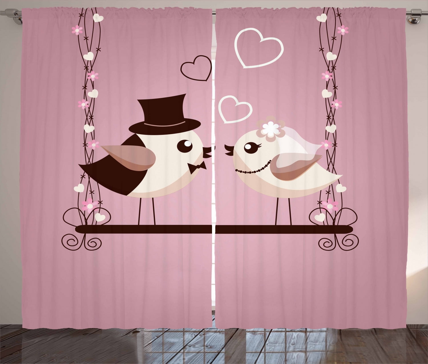 Engagement Party Curtains 2 Panels Set, A Bride and Groom Sparrow ...