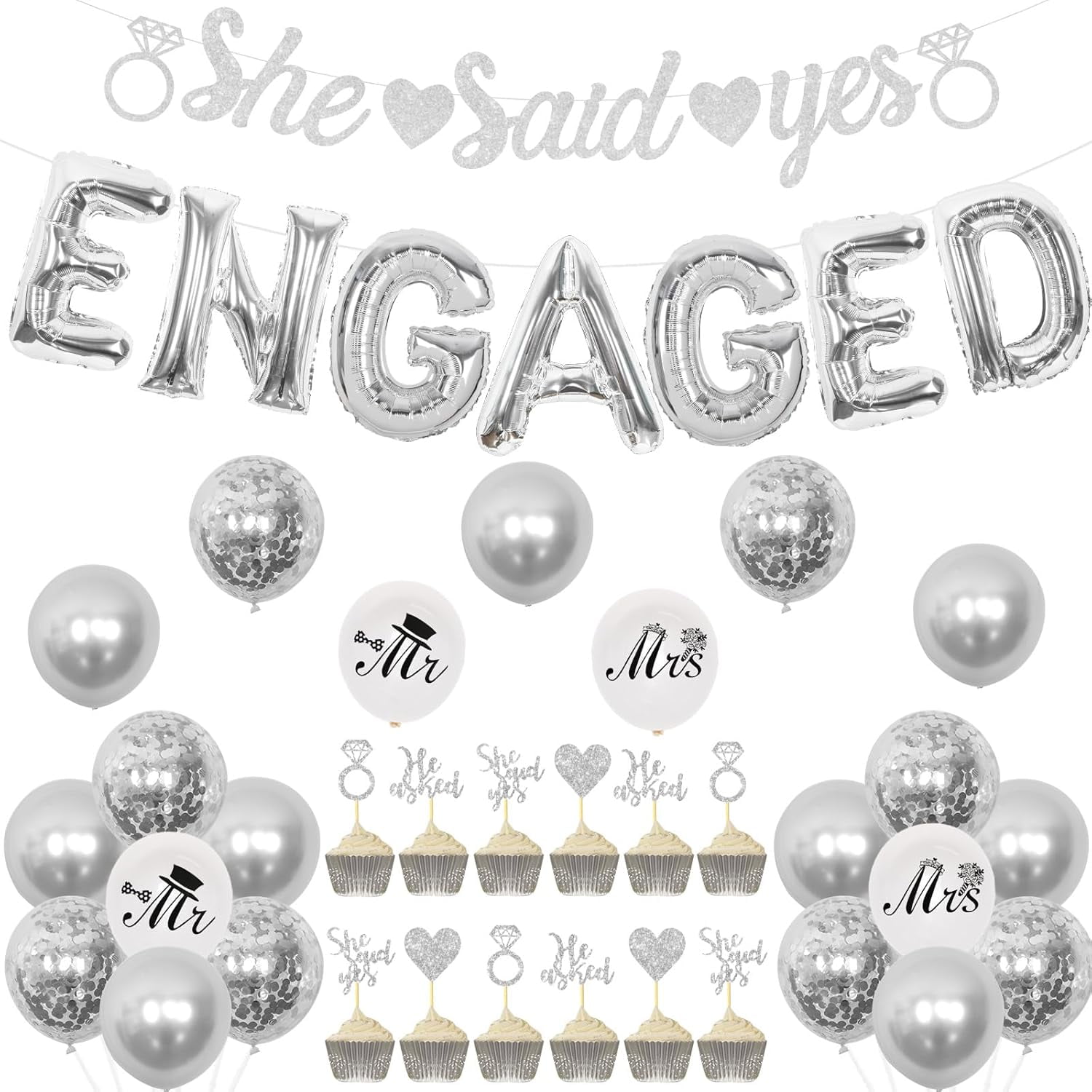 Engagement Party Decorations Silver - She Said Yes Banner, Glitter He ...