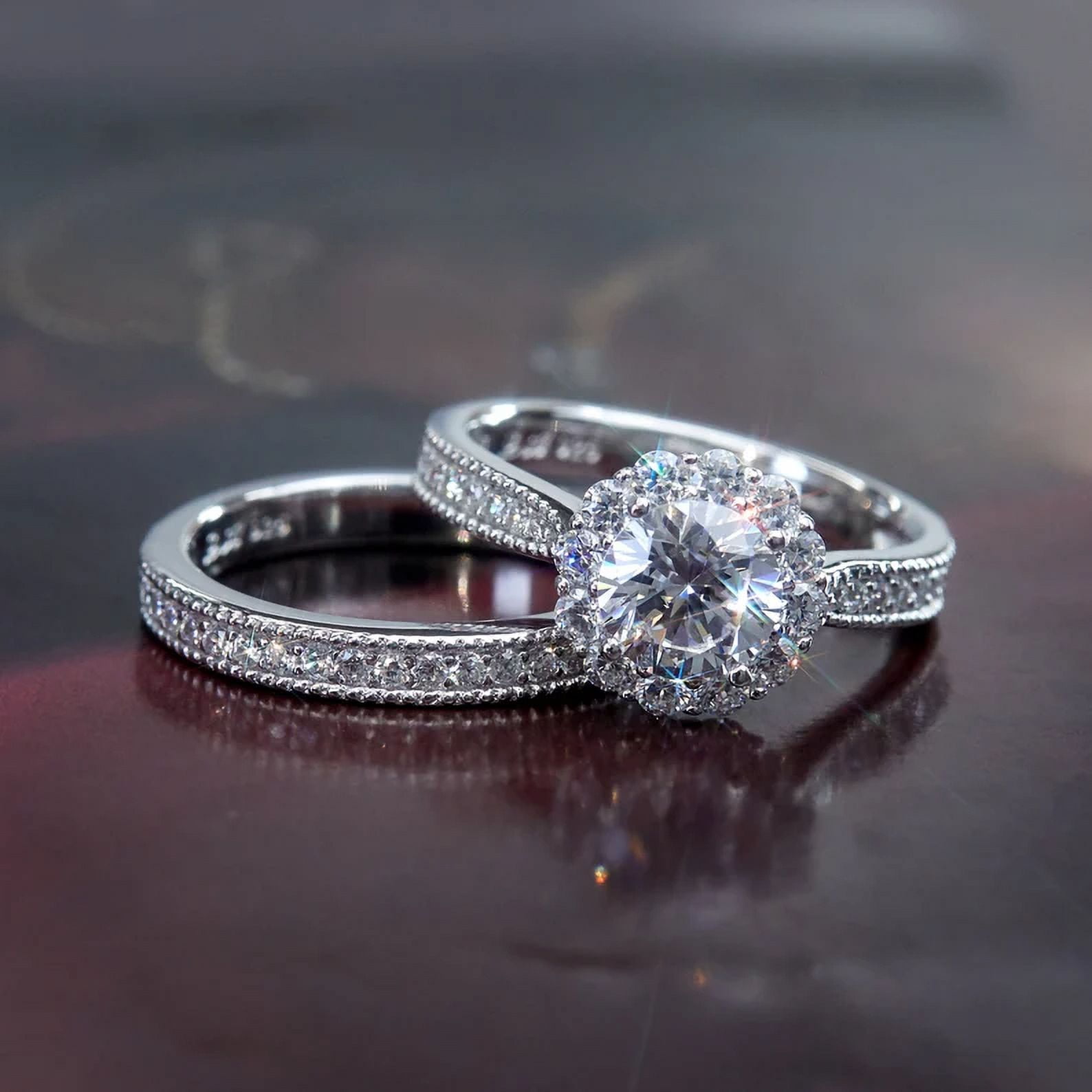 Engagement Ring Set Platinum Plated Sterling Silver Wedding Ring Set ...