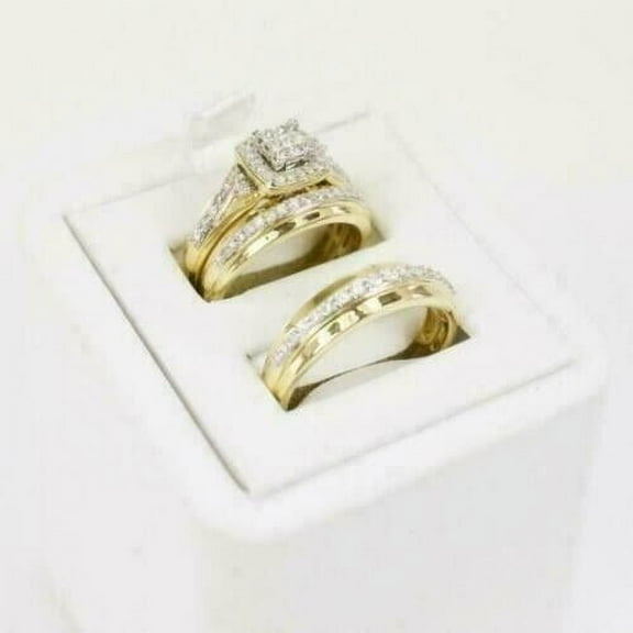 10k Yellow Gold Diamond Trio Wedding Ring Set His 4mm & Hers 3.5mm ...