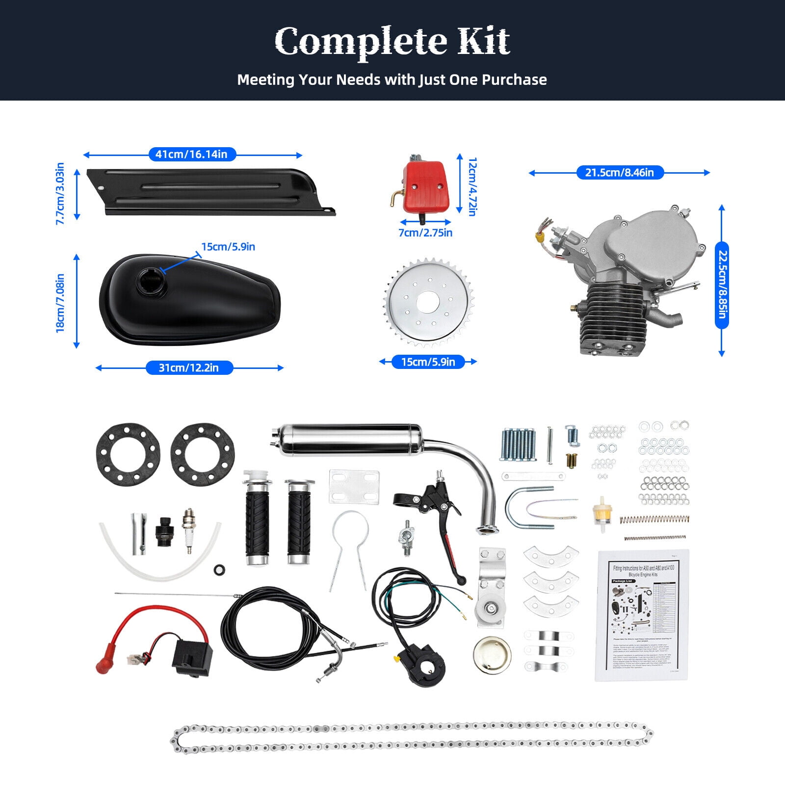 100CC 2-Stroke Gas Petrol Bike Engine Motor Kit, Full Set DIY Upgrade ...