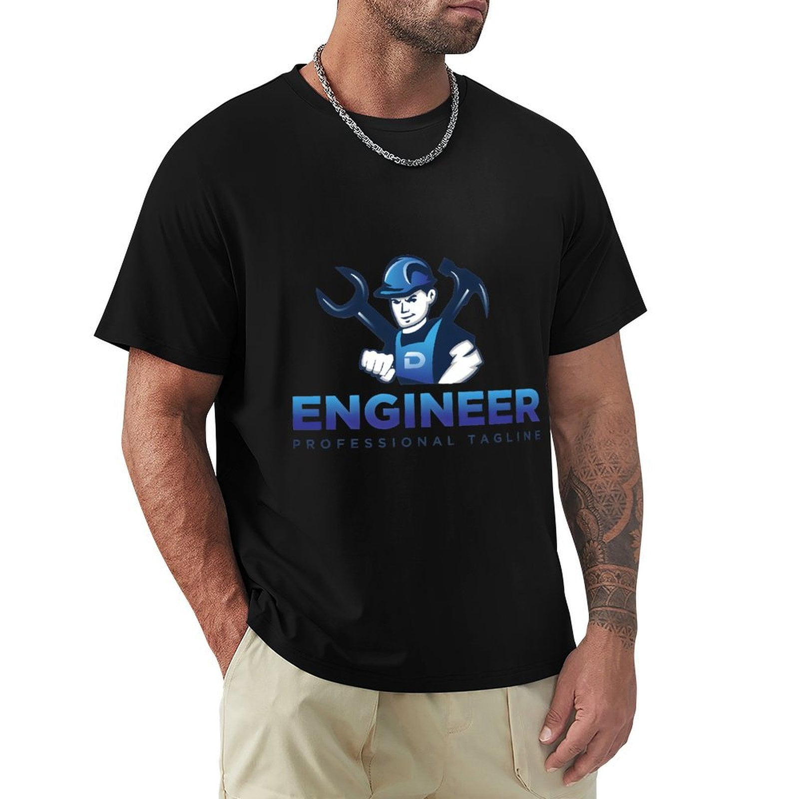 Engineer Men's Cotton HD Print Short Sleeve T-Shirt Crew Neck Top Black ...