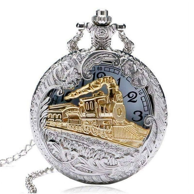 Engineer Large Quartz Pocket Watch w/ Engraved Chain, Gold Plated, Two ...