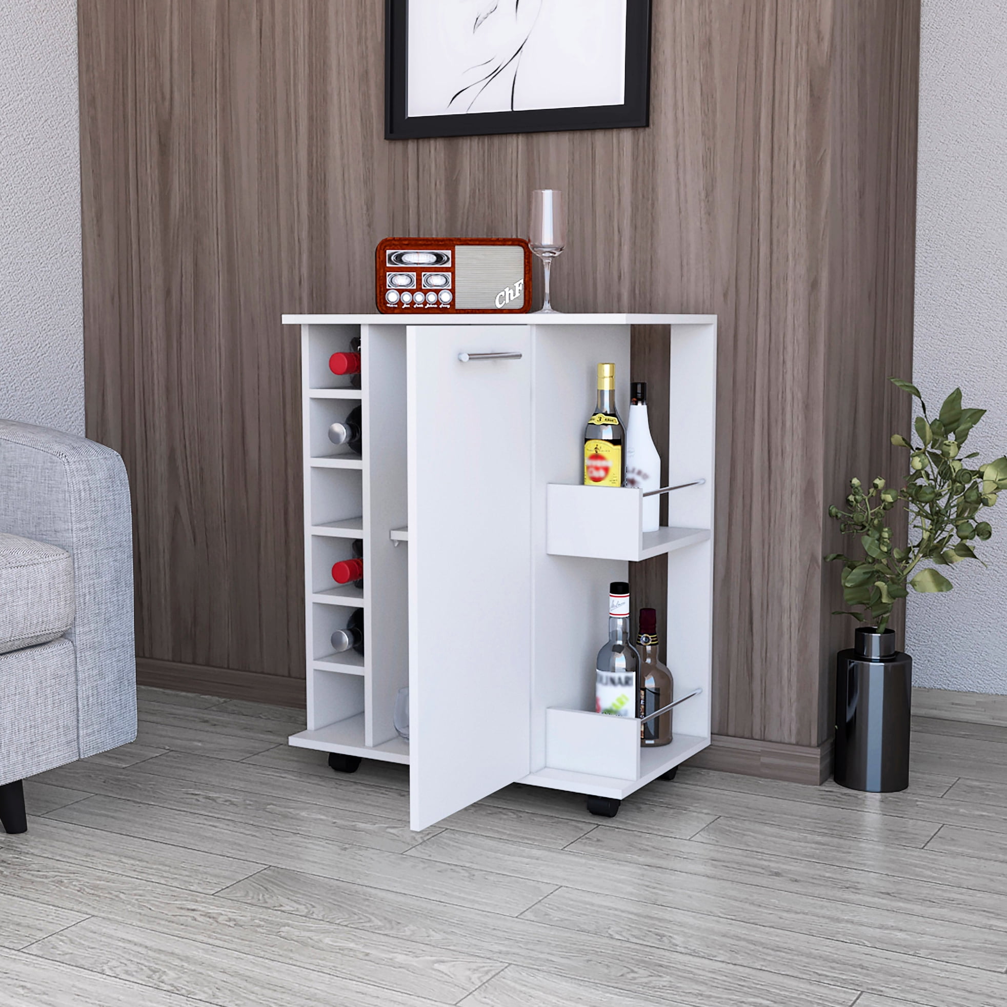 Engineered Wood Bar Cart In White With Wine Storage And Organizing ...