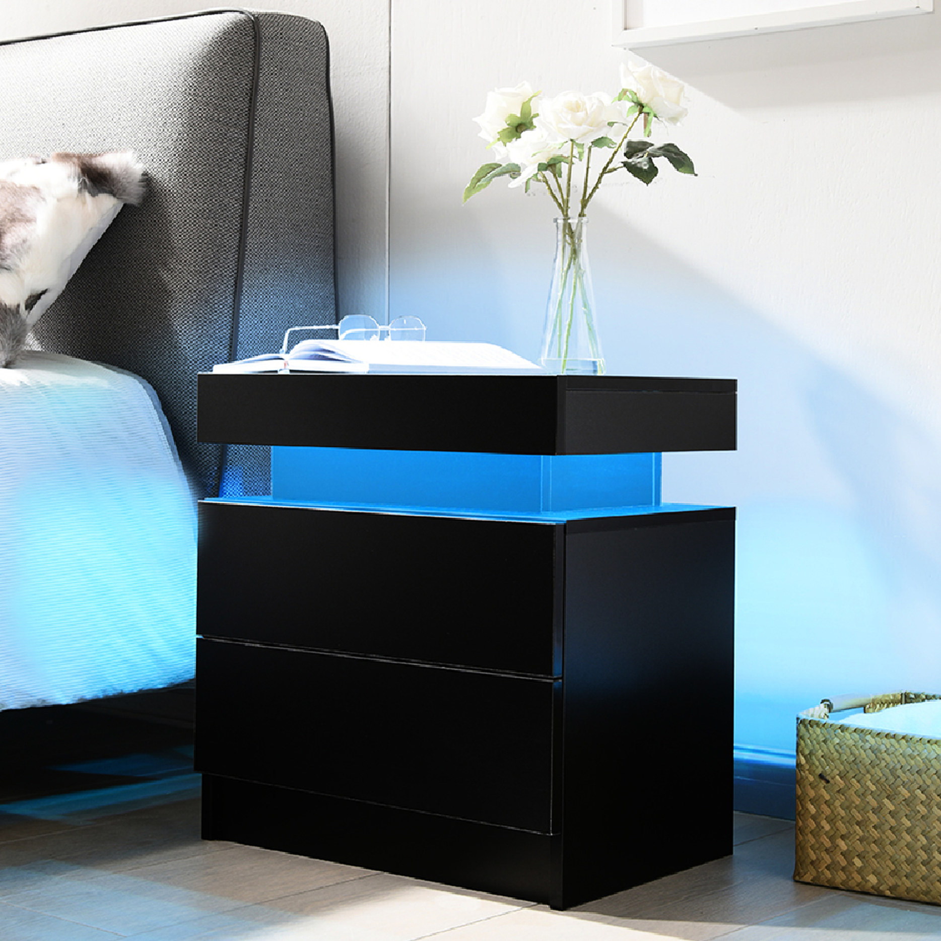 Engineered Wood Side Table | Adjustable LED Lights and Large Storage ...