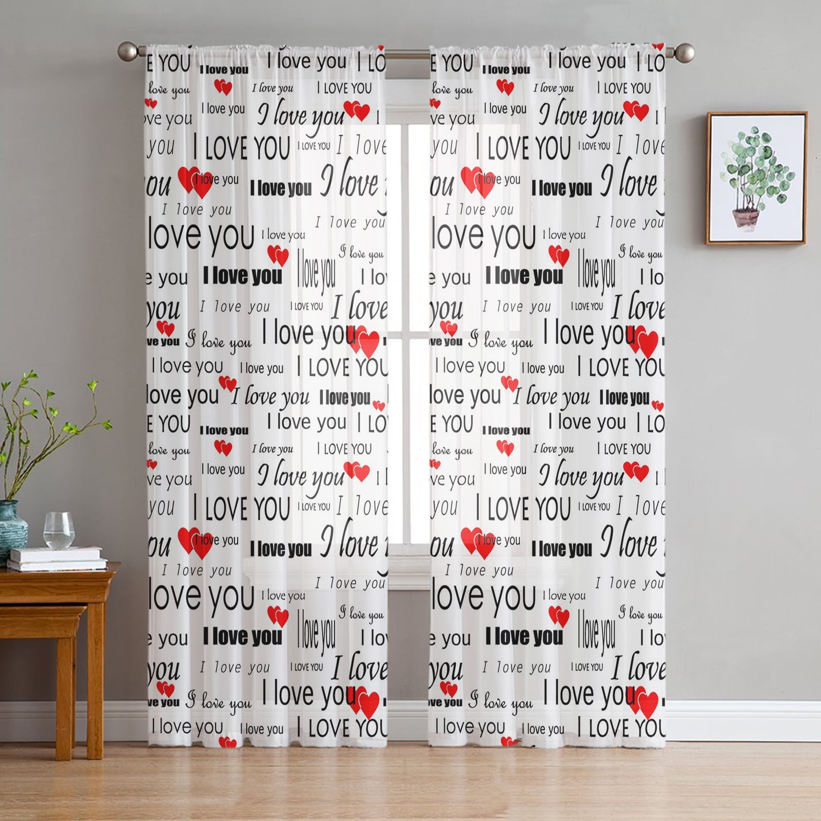 English Alphabet Font Red Heart Art Tulle Sheer Window Curtains for ...