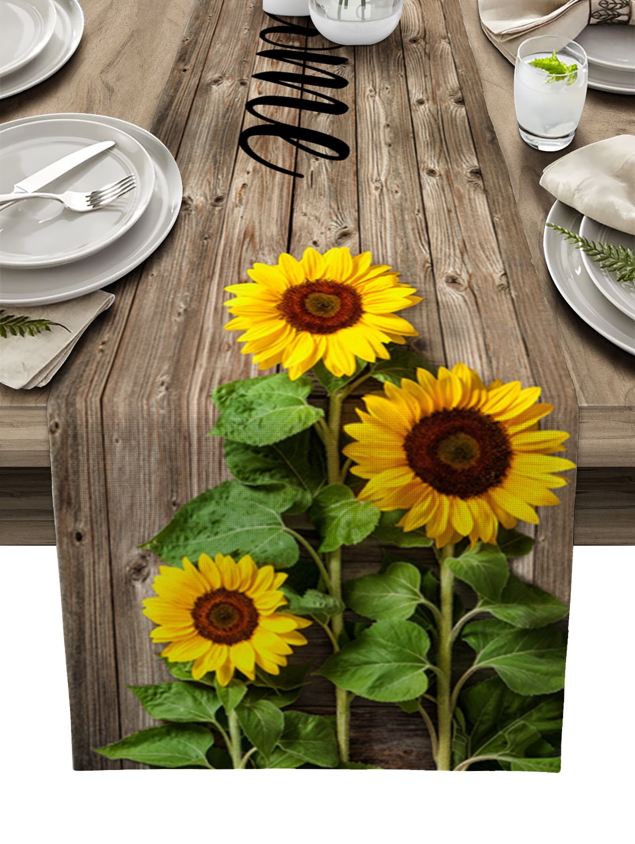 English Alphabet Sunflower Purple Linen Cotton Table Runner Wedding ...