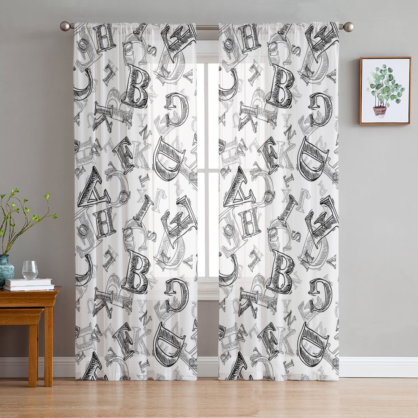 English Alphabet Texture Tulle Sheer Curtains for Living Room Bedroom ...
