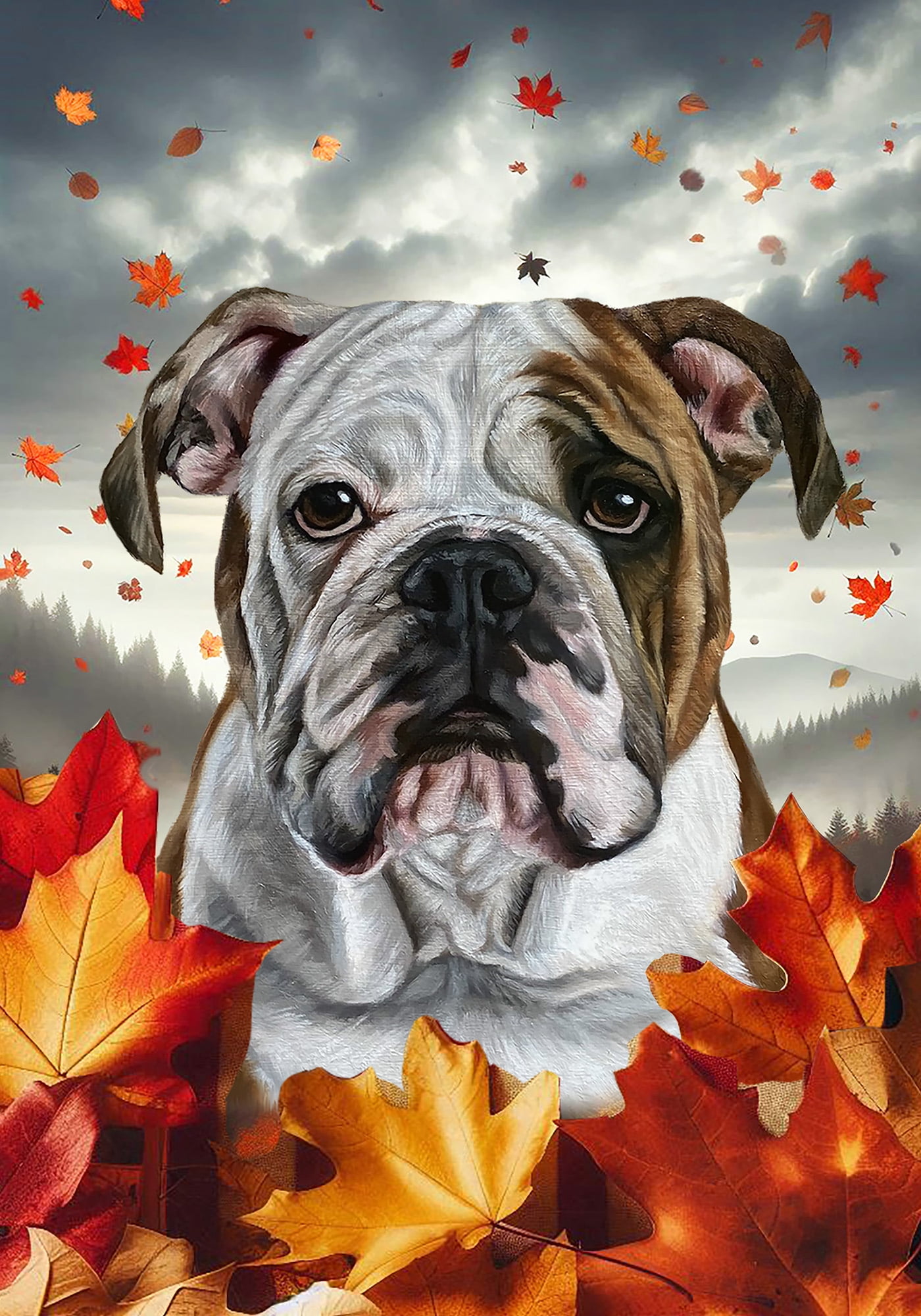 English Bulldog - Best of Breed Fall Leaves Outdoor House Flag 28" x 40 ...