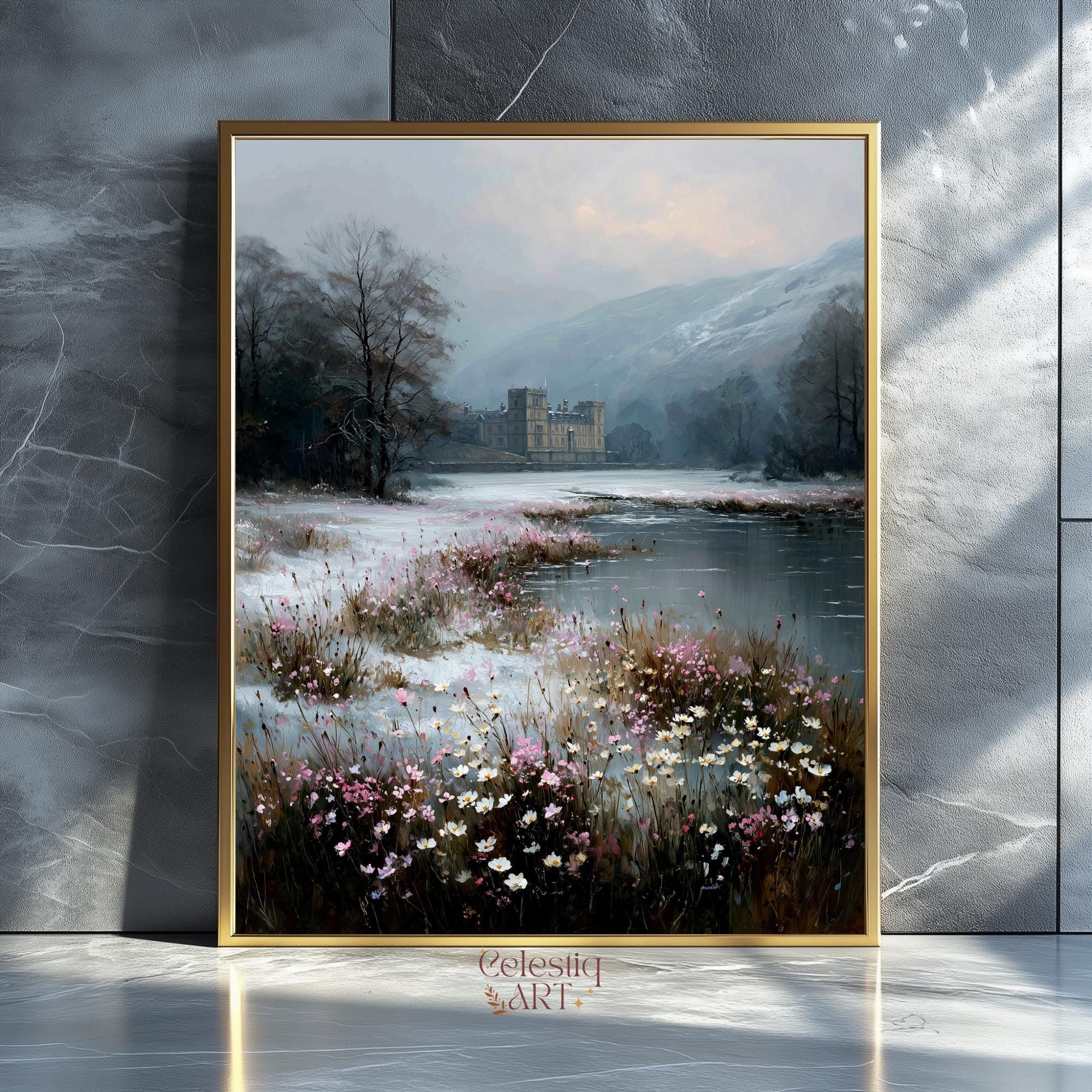 English Castle Winter Landscape Art Print: Cottagecore Snow Scene Warm ...