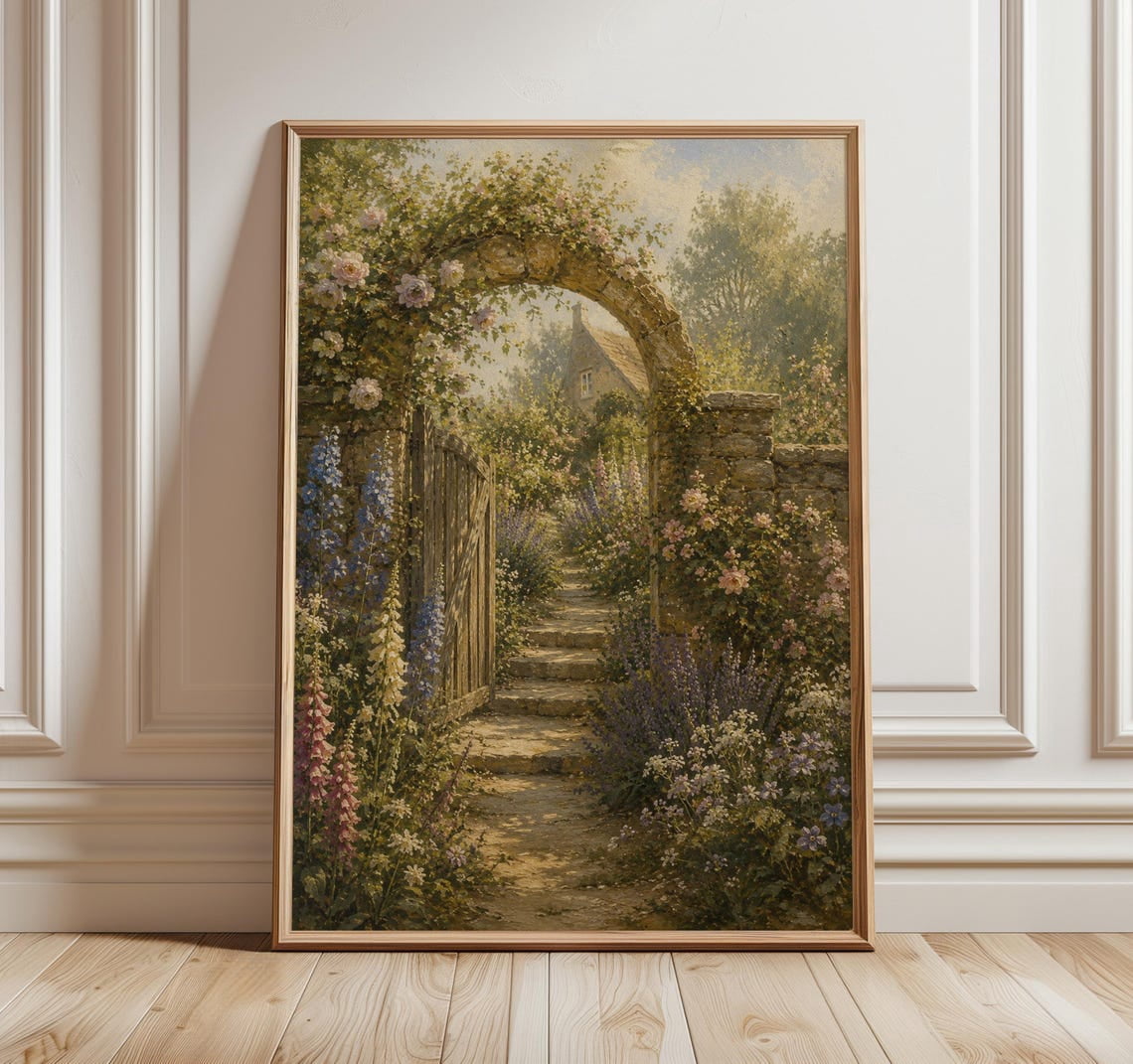 English Cottage Garden Wall Art Print, Rose Arch Garden Gate, Unframed ...