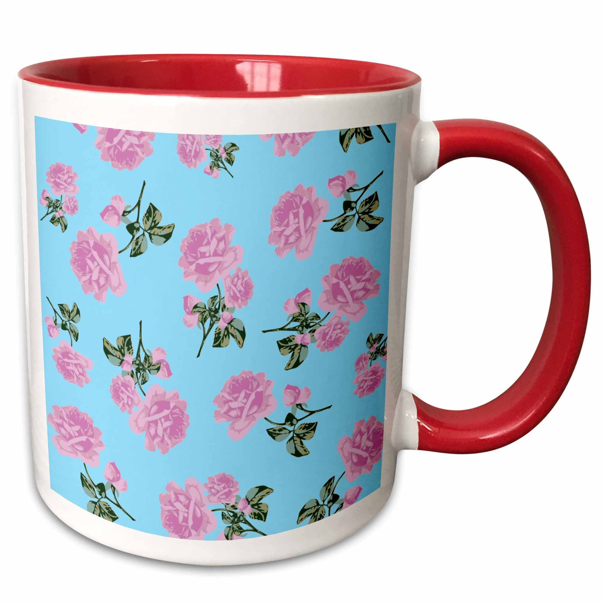 English Cottage Shabby Chic Pink Roses on Sky Blue 11oz Two-Tone Red ...