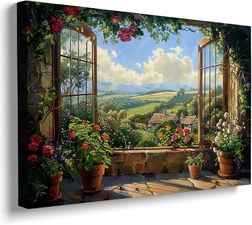 English Country Garden Landscape Cottage window Landscape Painting ...