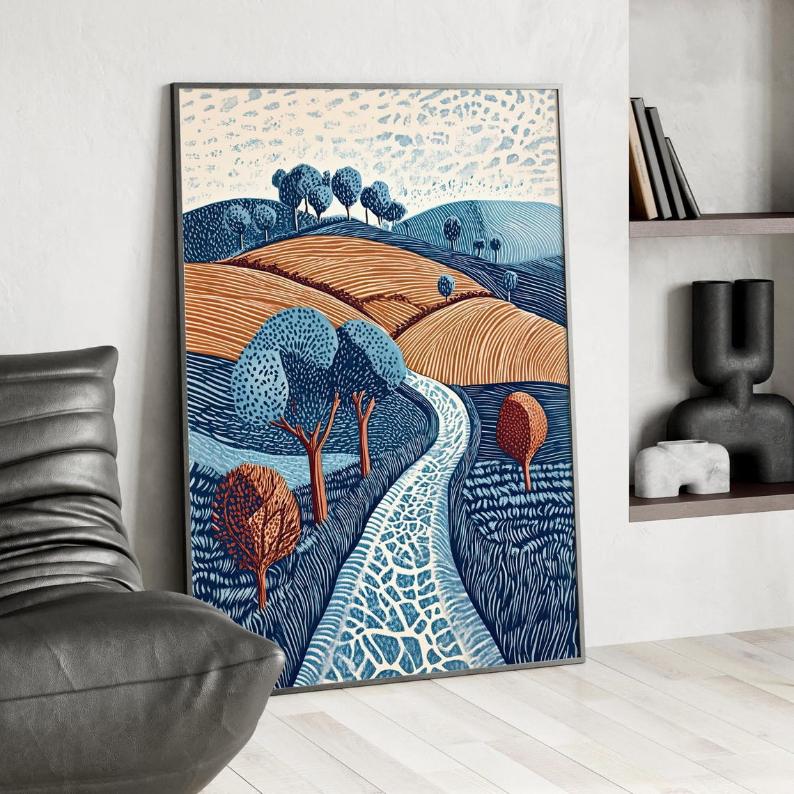 English Countryside Linocut Wall Art Abstract Hills Decor, Unframed ...