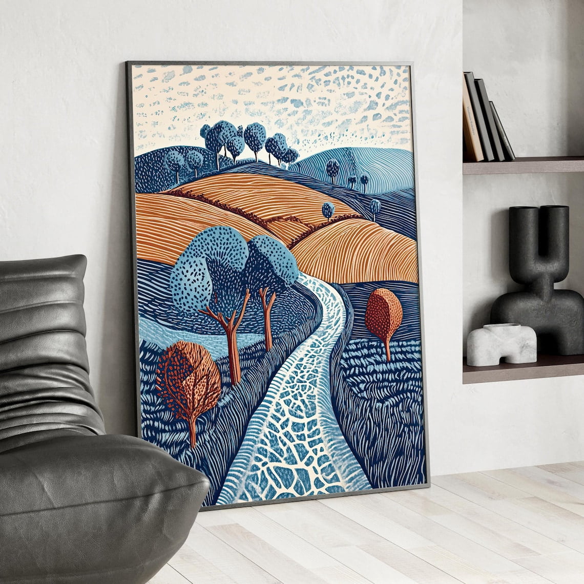 English Countryside Linocut Wall Art Abstract Hills Decor, Unframed ...