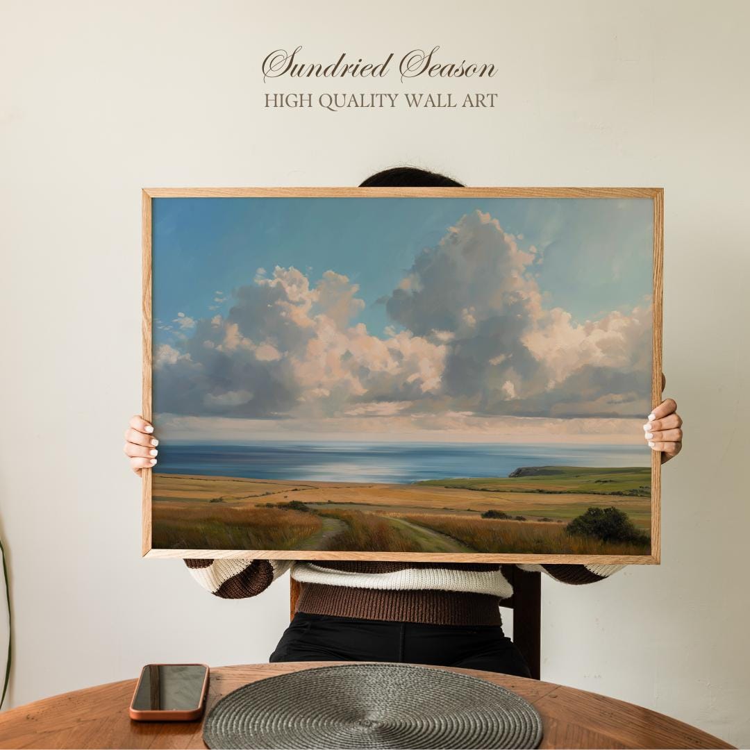 English Countryside By The Sea Art Print, Cloudy Sky And Coastal Meadow ...