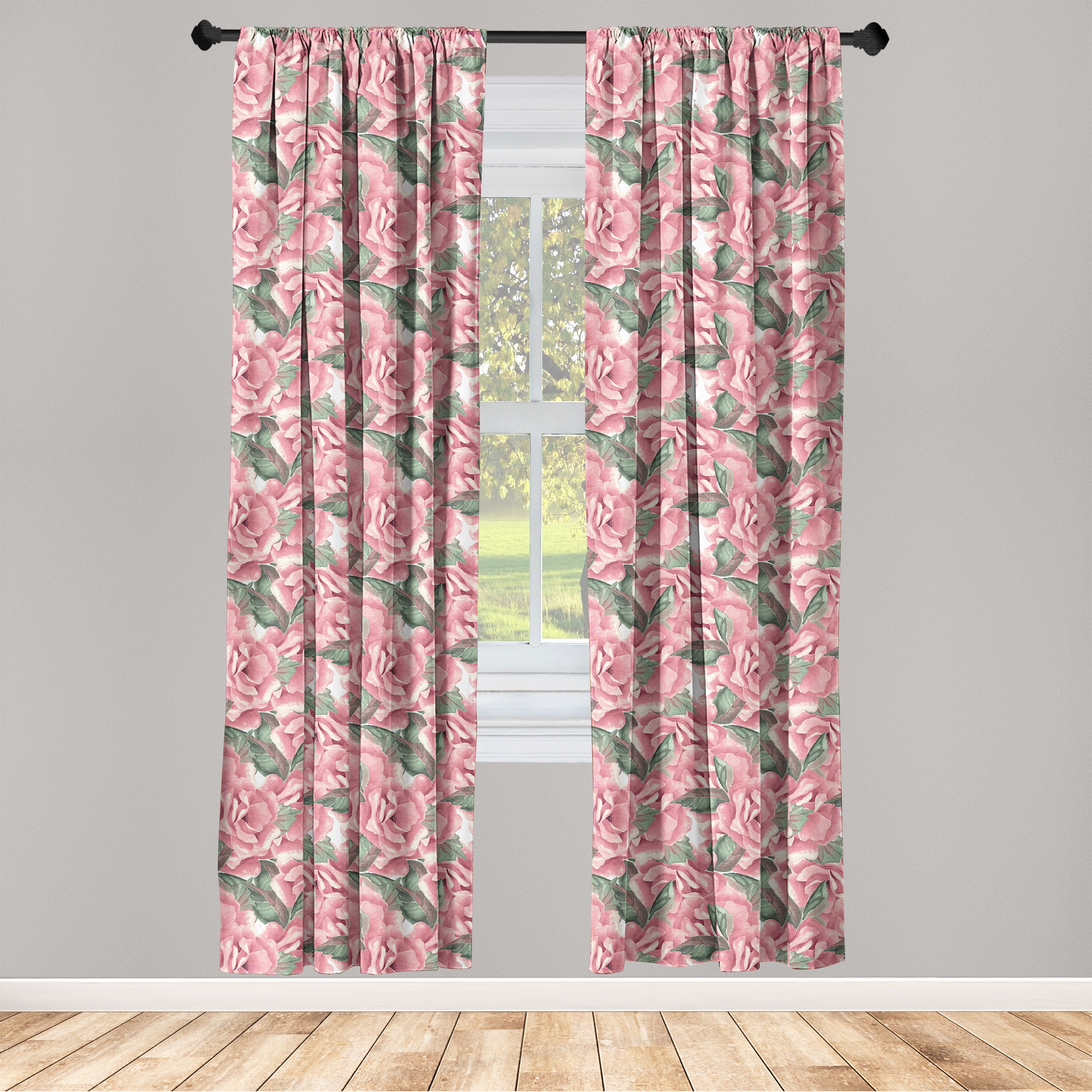 English Garden Window Curtains, Botanical Themed Rose and Leaves Motifs ...