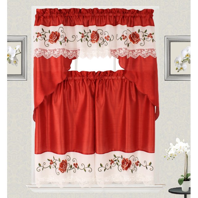 English Rose Macrame Embroidery Design Kitchen Curtain with Swag and ...