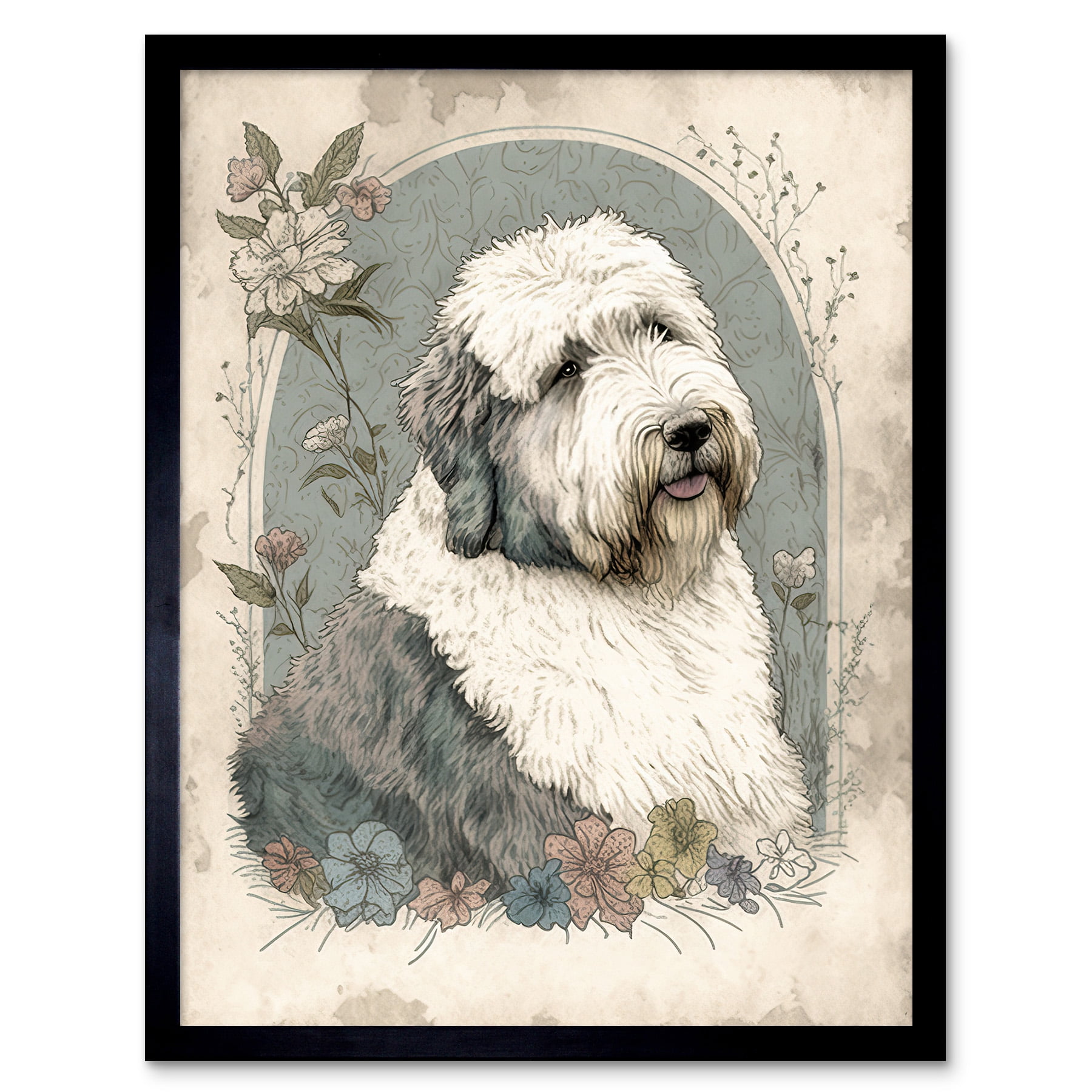 English Sheepdog with Flower Blooms Boho Portrait Watercolour ...