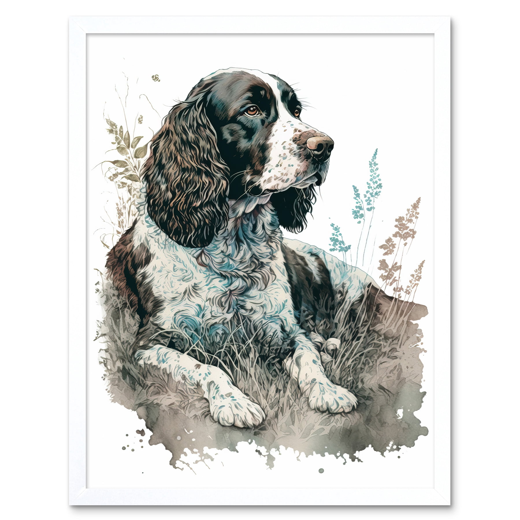 English Springer Spaniel Dog Lying in Field Modern Watercolour ...
