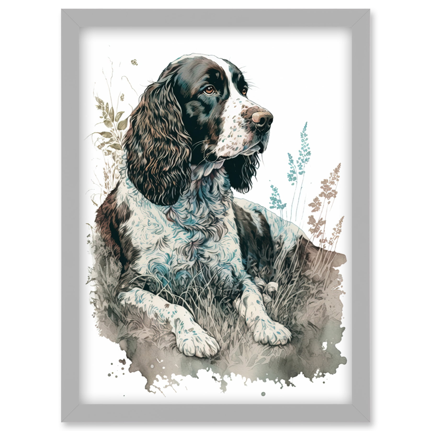 English Springer Spaniel Dog Lying in Field Modern Watercolour ...