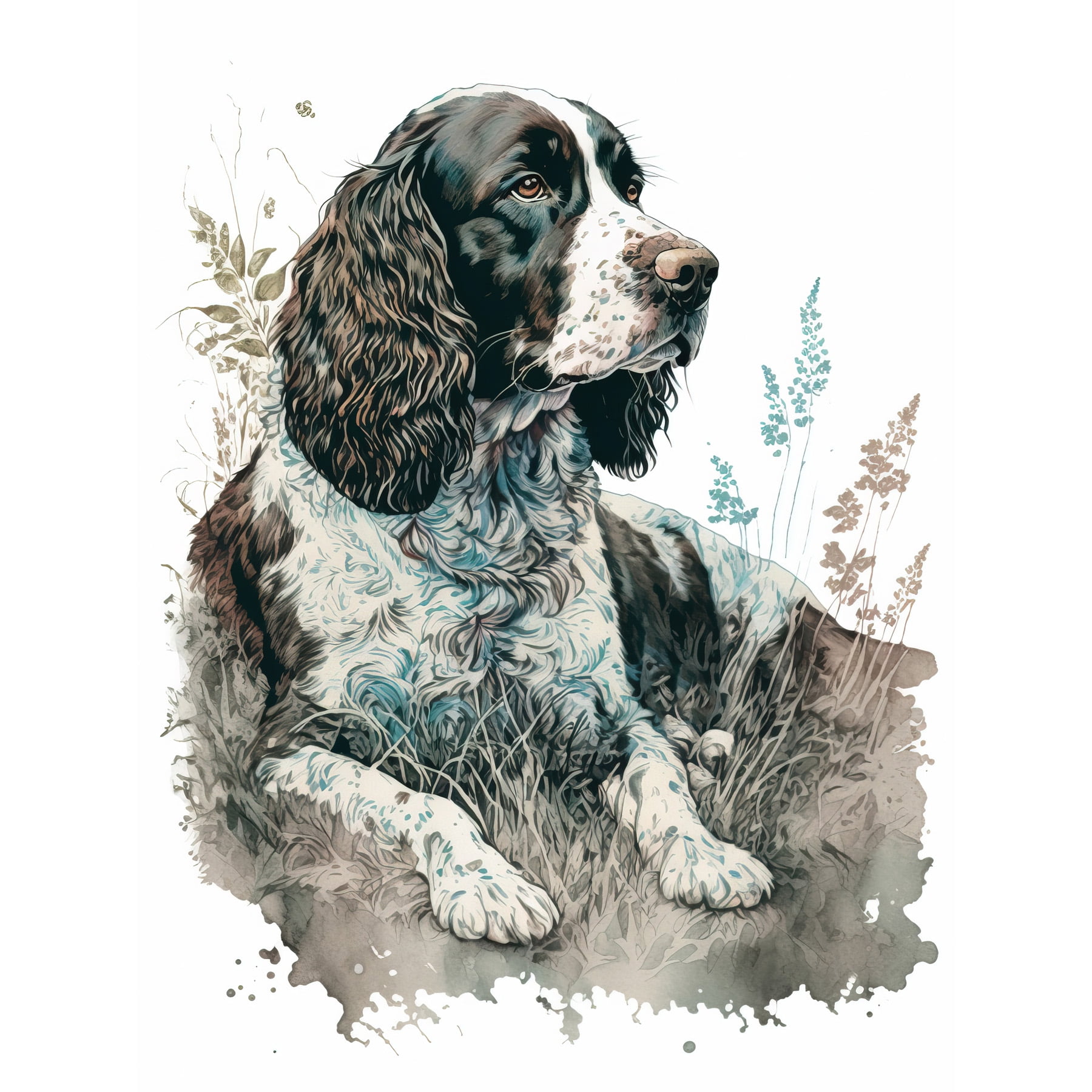 English Springer Spaniel Dog Lying in Field Modern Watercolour ...